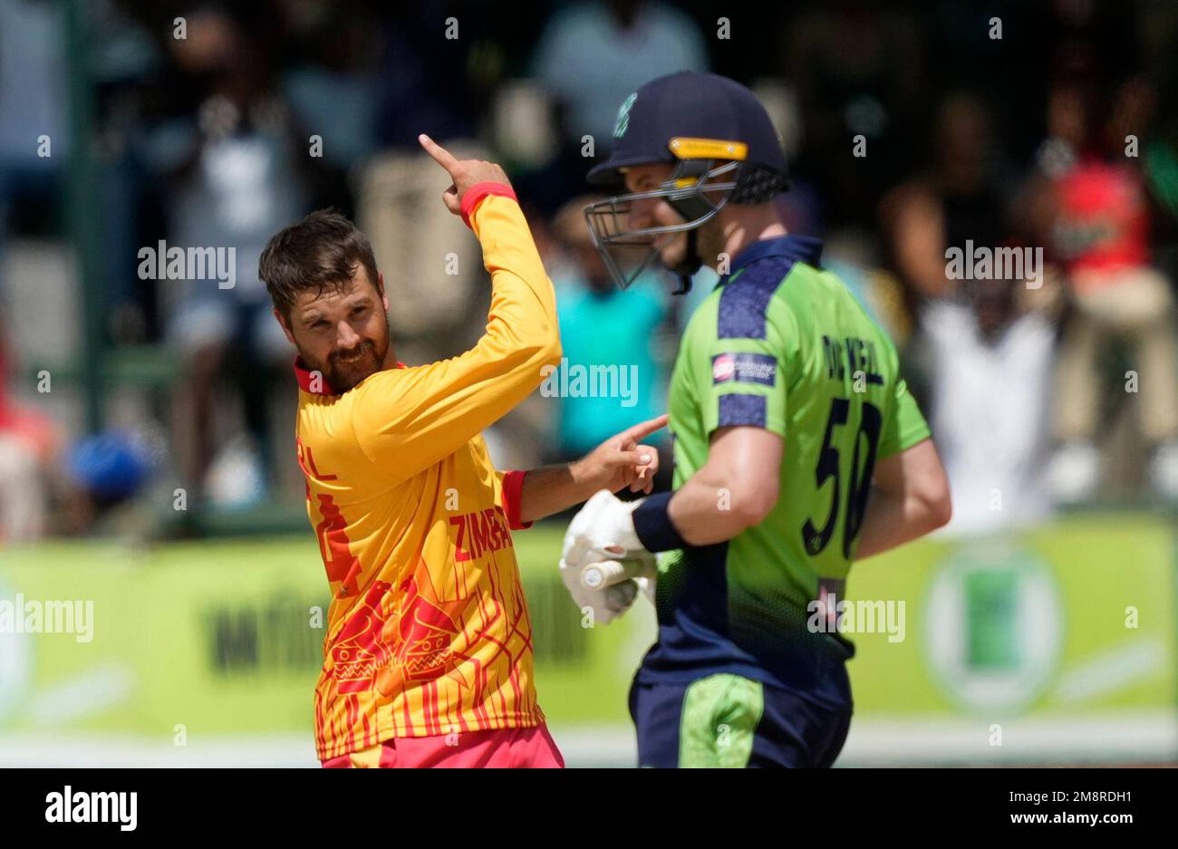 Zimbabwean bowler Ryan Burl celebrates a wicket, on the final day of ...
