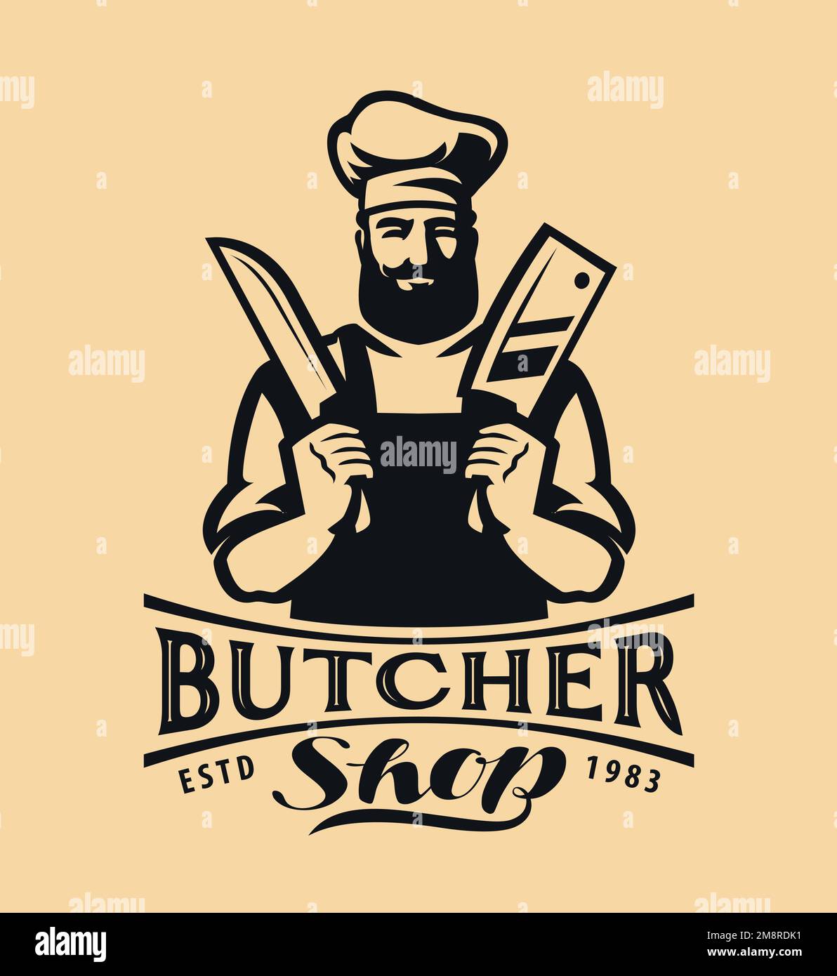 Chef or butcher with meat knives in hands. Butcher shop logo emblem for ... Chef or butcher with meat knives in hands. Butcher shop logo emblem for ...