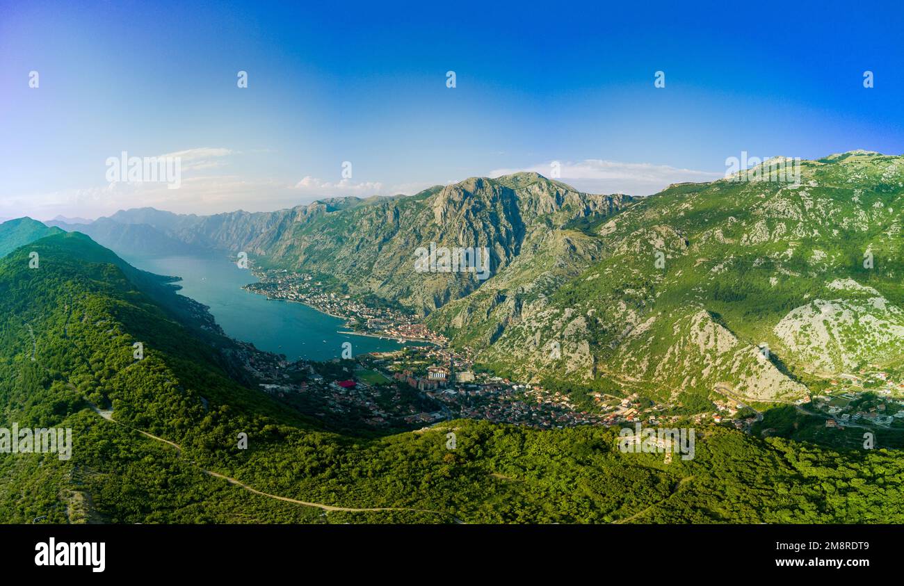 Panorama of the sea mountain famous Bay of Kotor with resort beaches ...