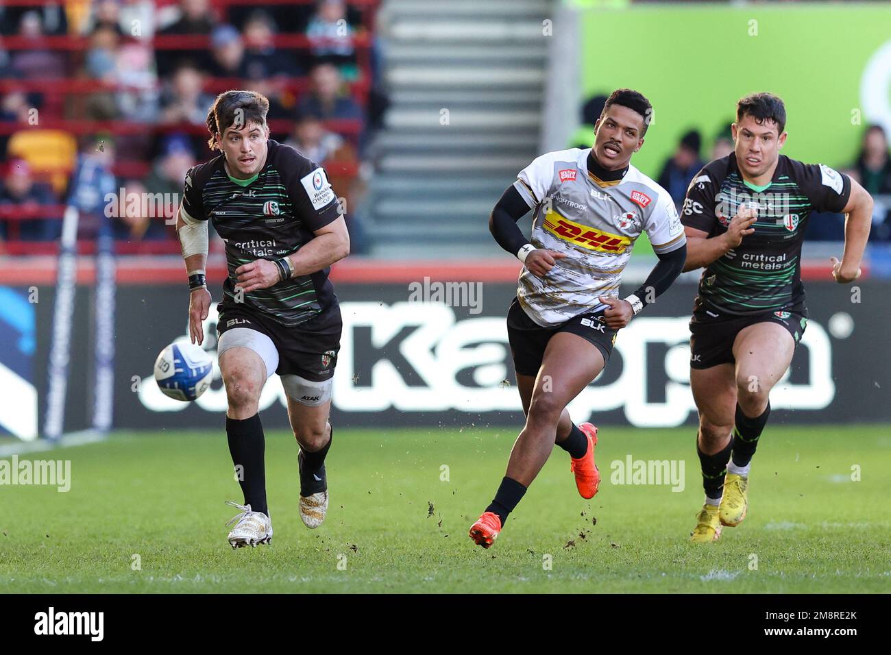 Benhard van Rensburg of London Irish chases his own kick during the ...