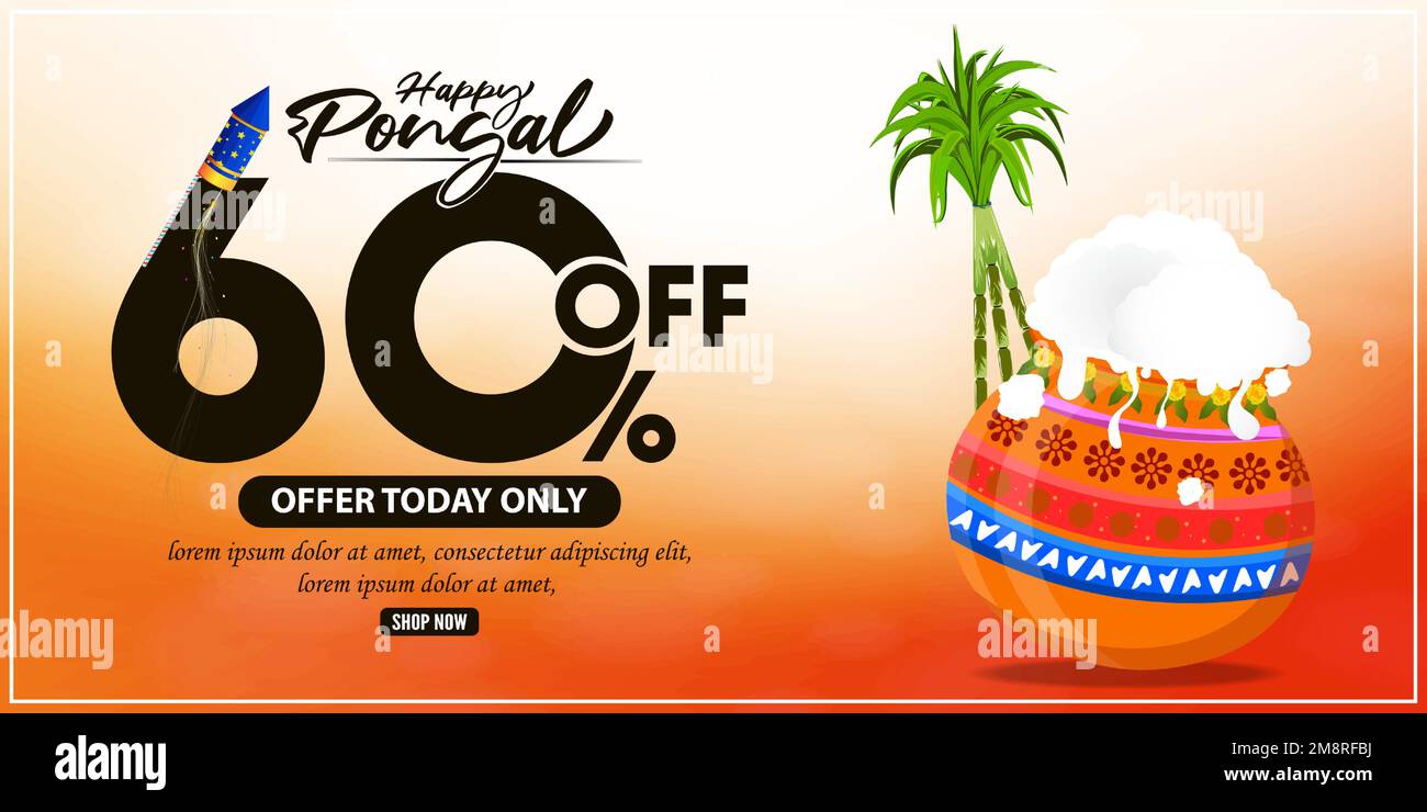 60% offer sale Happy Pongal festival poster or banner background. Happy ...