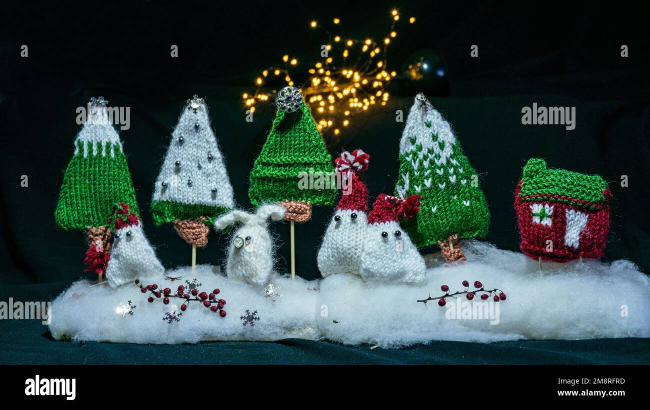 knitted trees, houses and gnomes, fairy tale characters, night view ...