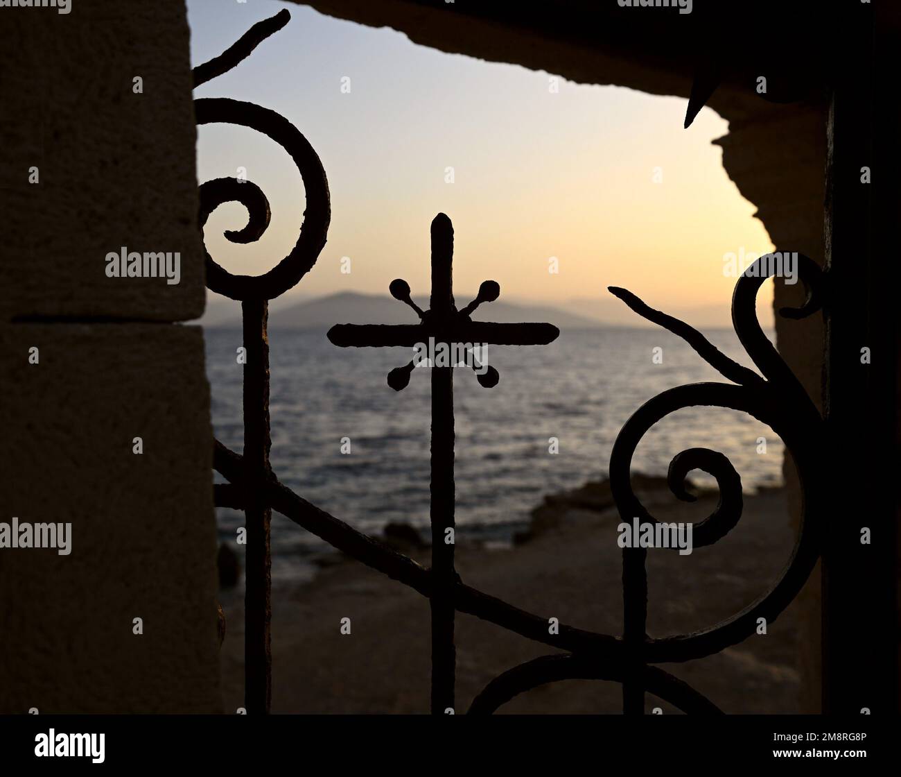 Traditional handcrafted wrought iron main entrance gate of Aghioi ...