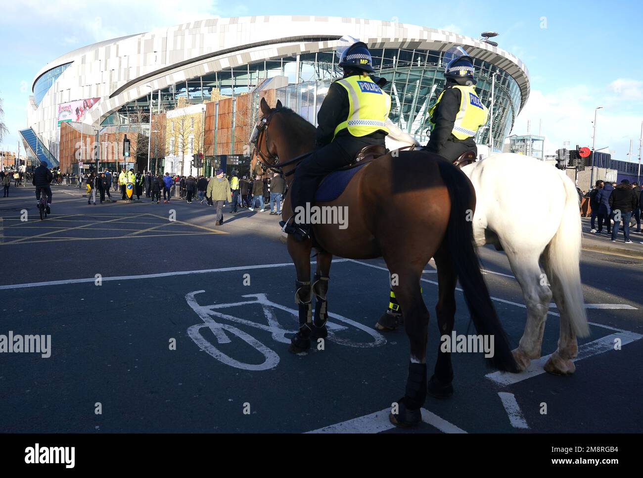 Mounted police outside the stadium as fans gather before the Premier ...