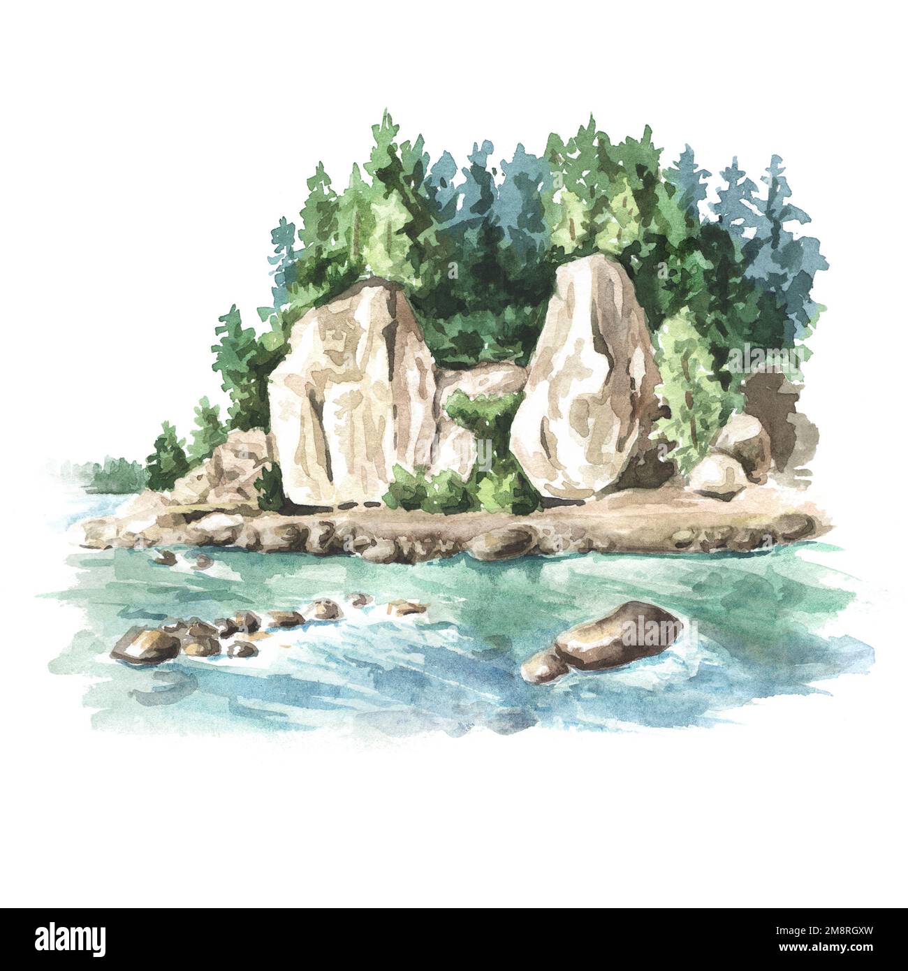 Rocky river bank and Mountains. Hand drawn watercolor illustration ...