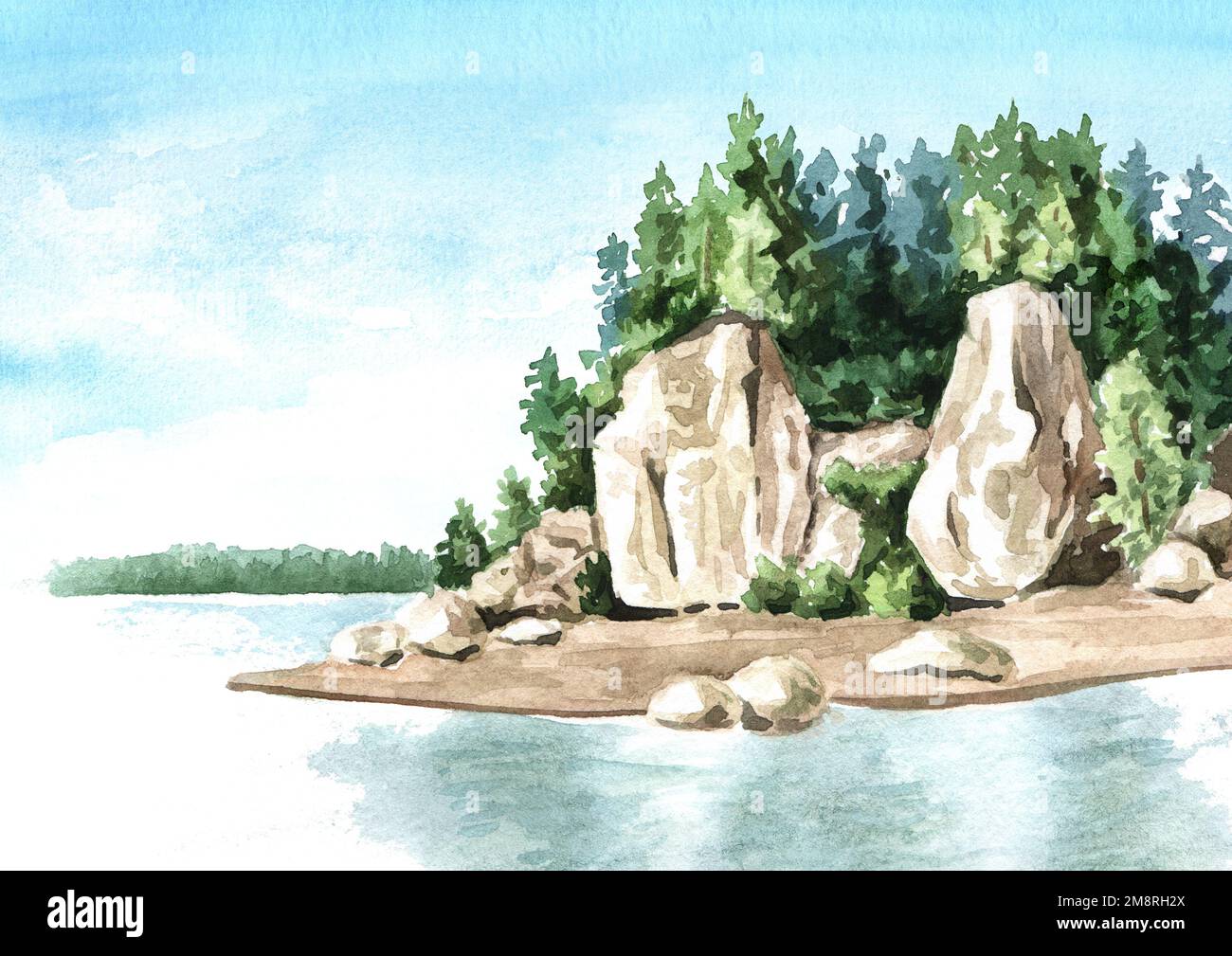 Rocky river bank and Mountains. Hand drawn watercolor illustration ...