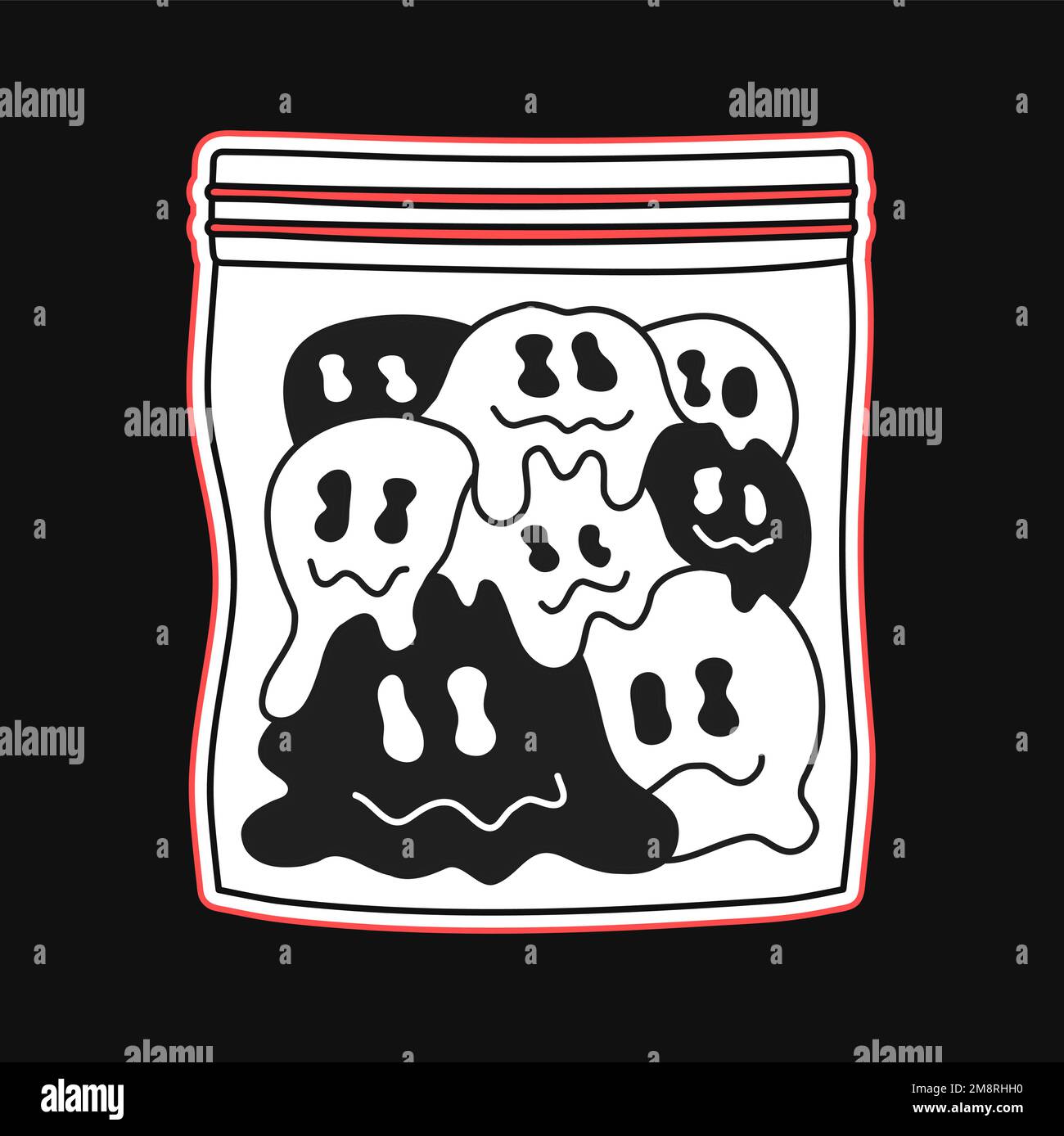 Melt smile face in plastic zip bag print for t shirt. Vector hand drawn ...