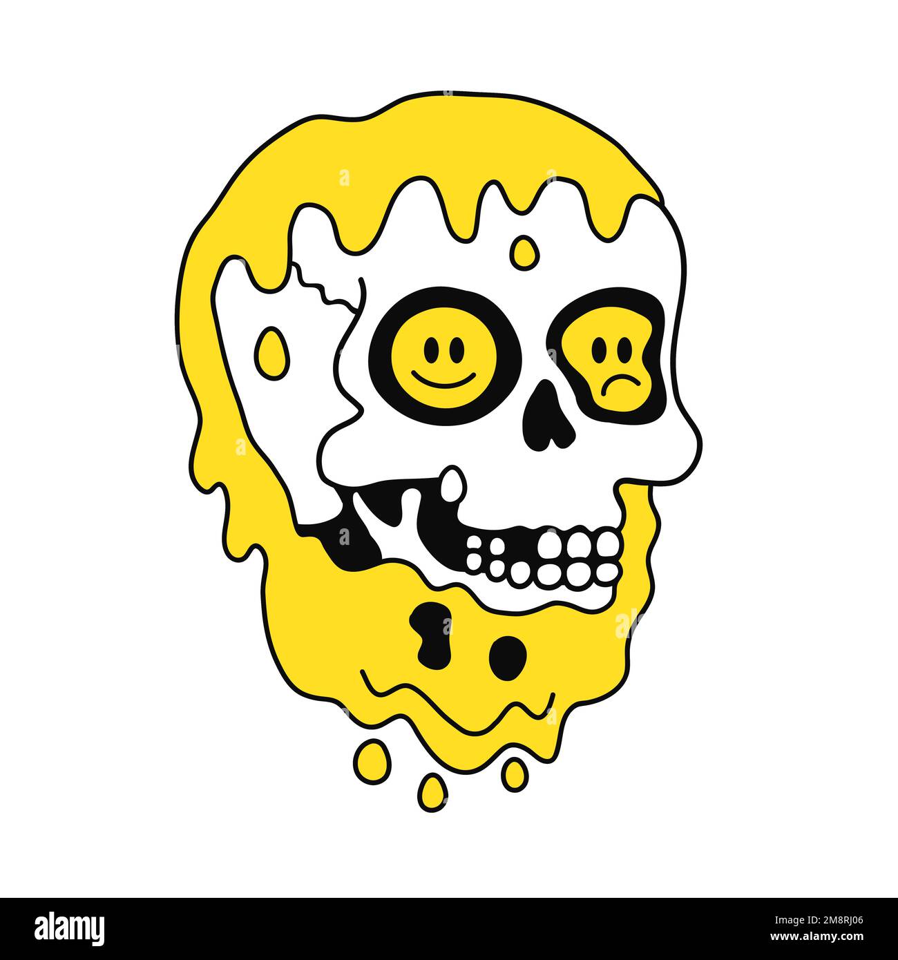 Melt distortion smile face skull inside. Vector hand drawn doodle line ...