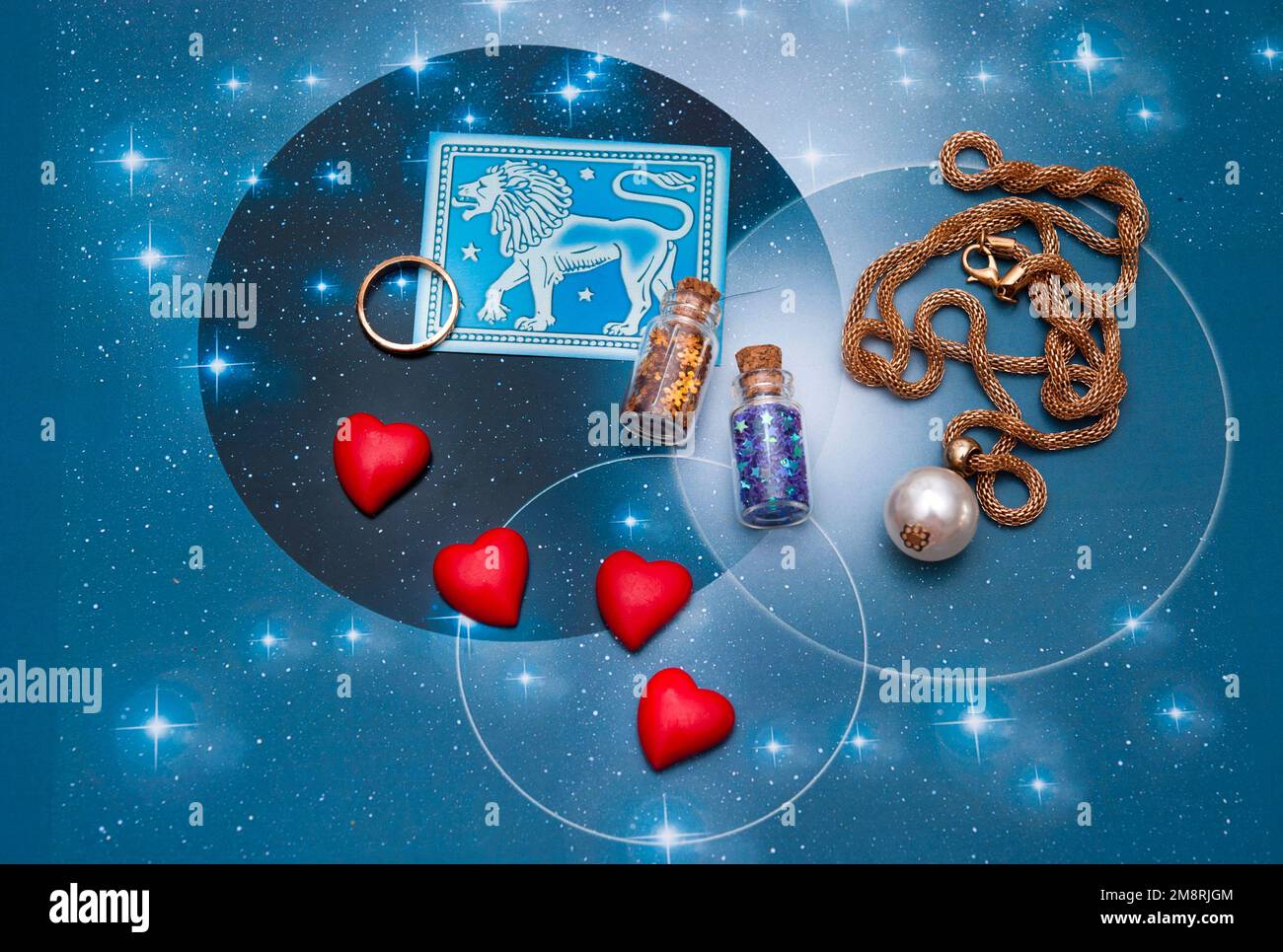 card with astrology sign of Leo and valentine hearts Stock Photo - Alamy