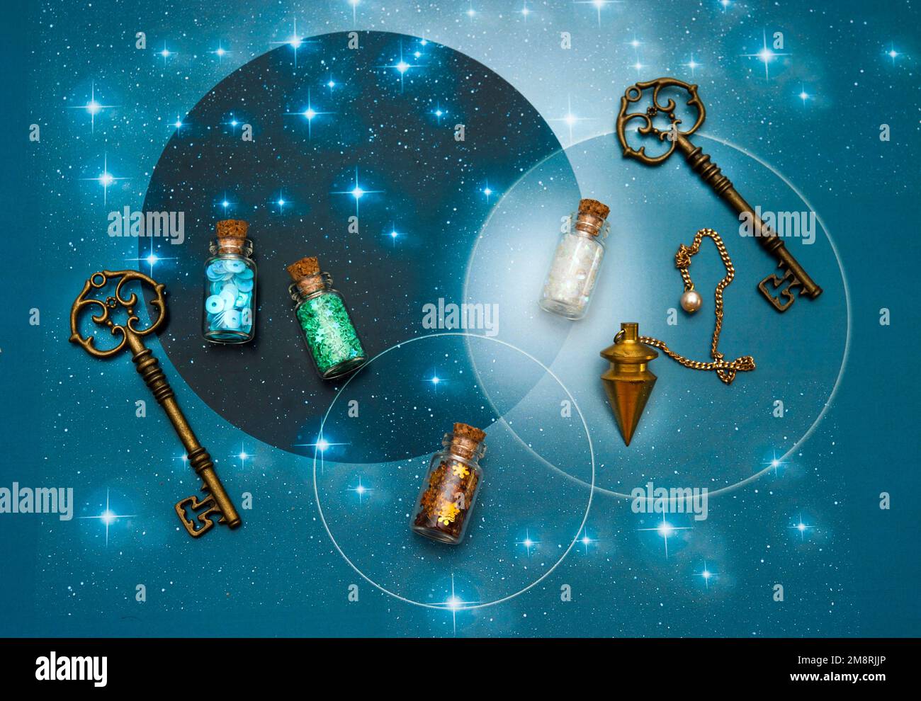 background with keys, pendulum and magic bottles Stock Photo - Alamy