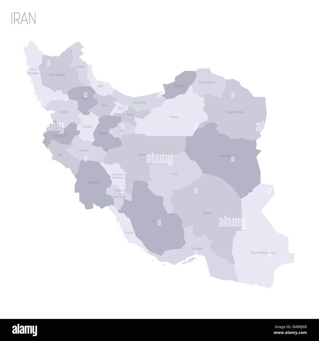 Iran political map of administrative divisions - provinces. Grey vector map with labels Stock ...