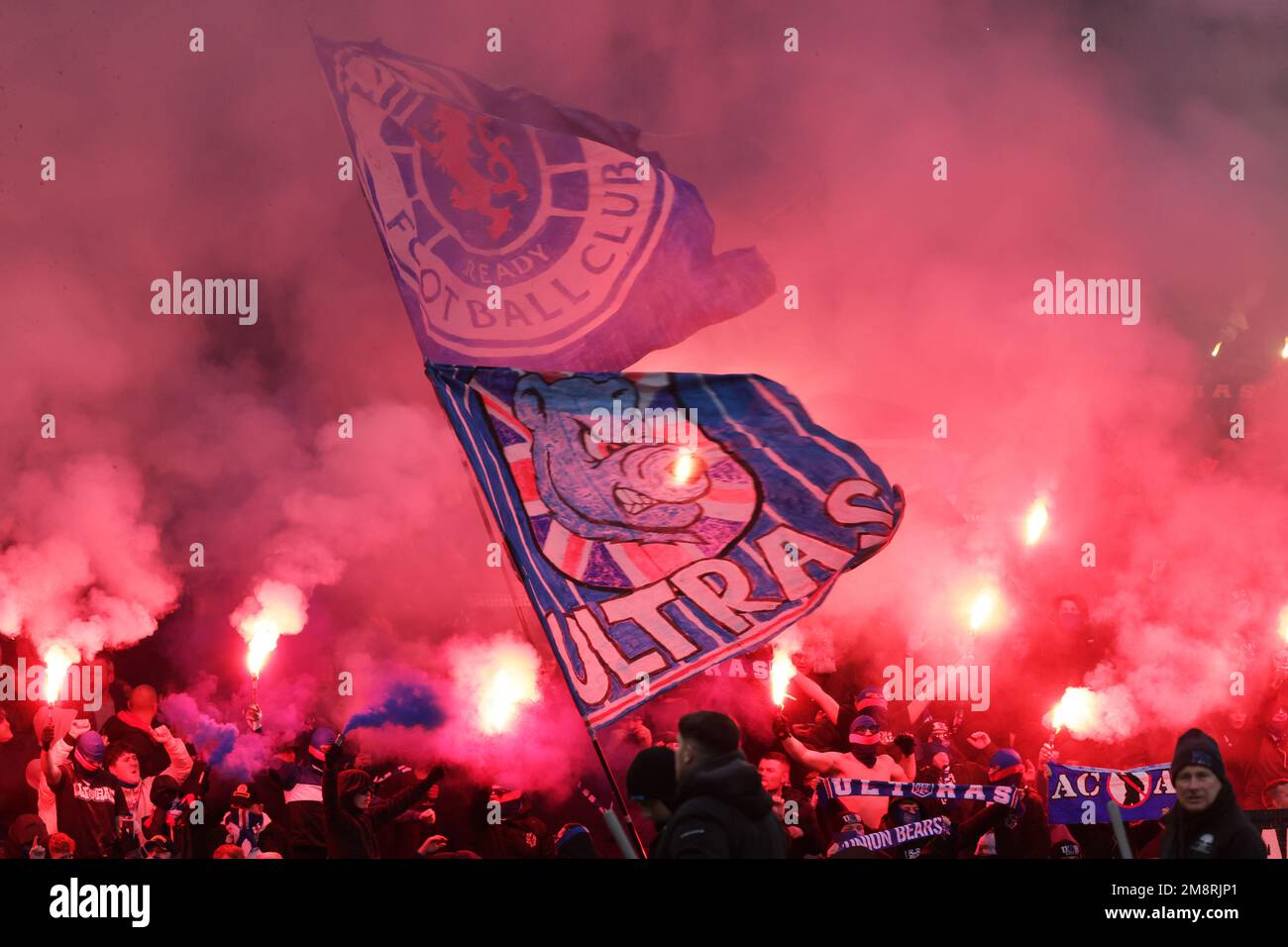 Rangers fans set off flares in the stands during the Viaplay Cup semi ...
