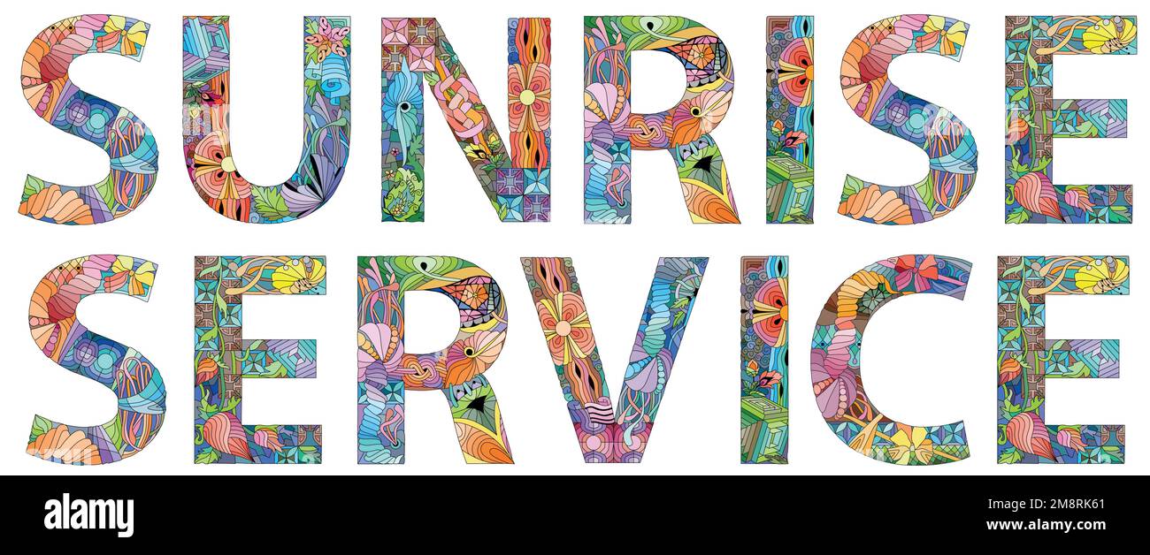 Hand-painted art design. Hand drawn illustration words SUNRISE SERVICE ...
