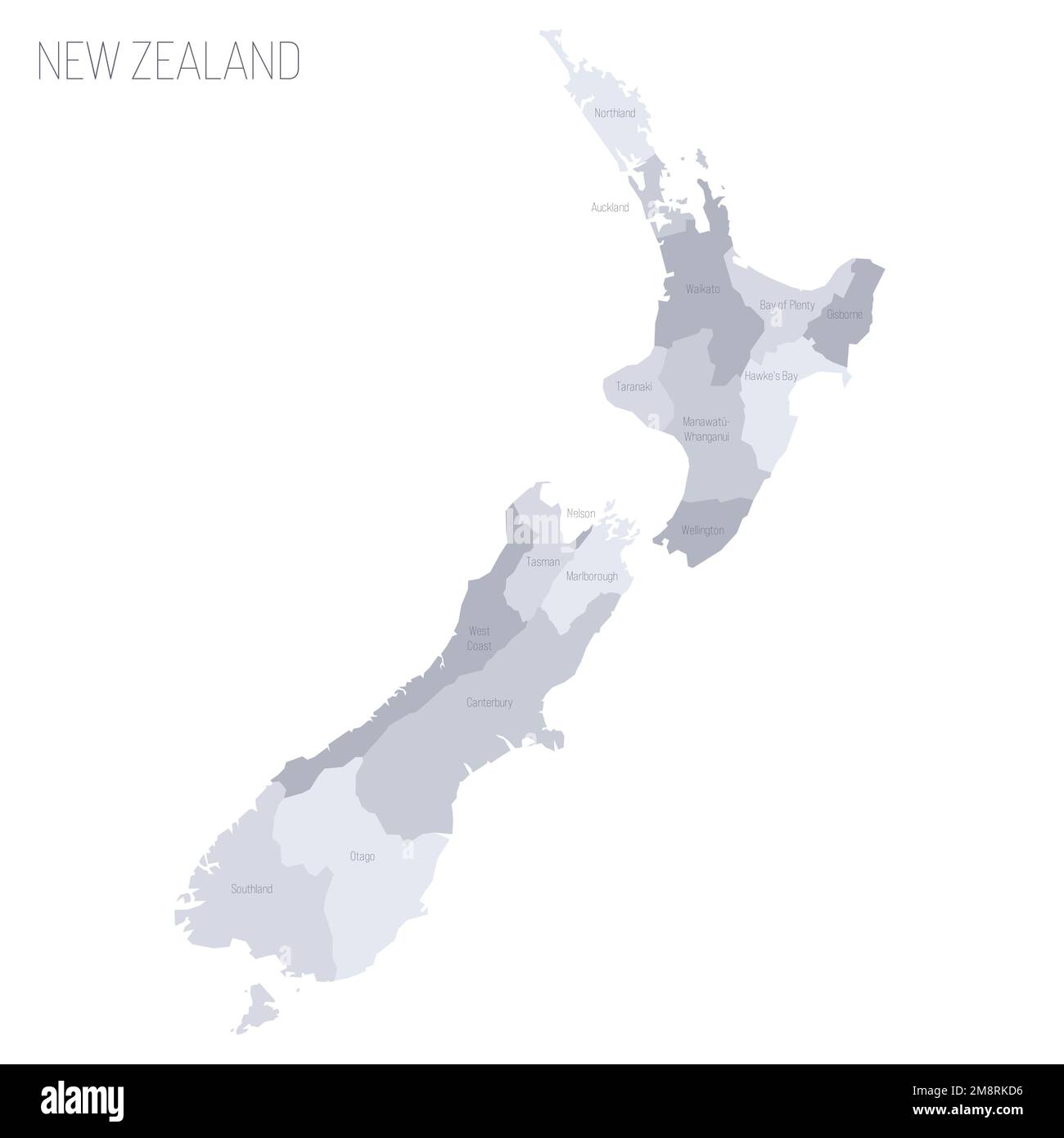 New Zealand political map of administrative divisions - regions. Grey ...