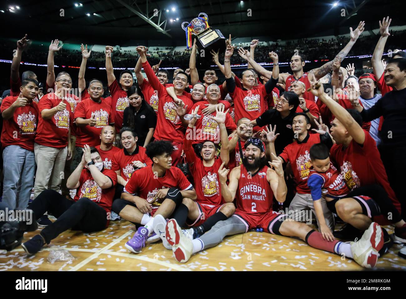 Bulacan Province. 15th Jan, 2023. Players from Barangay Ginebra San Miguel celebrate winning ...