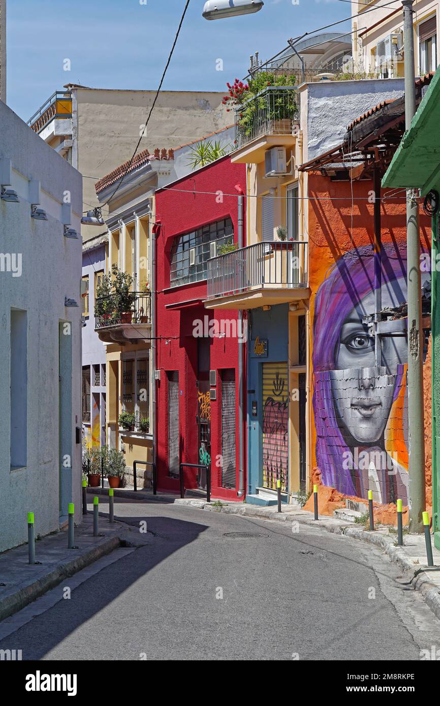 Athens, Greece - May 03, 2015: Backstreet graffiti old houses walls ...