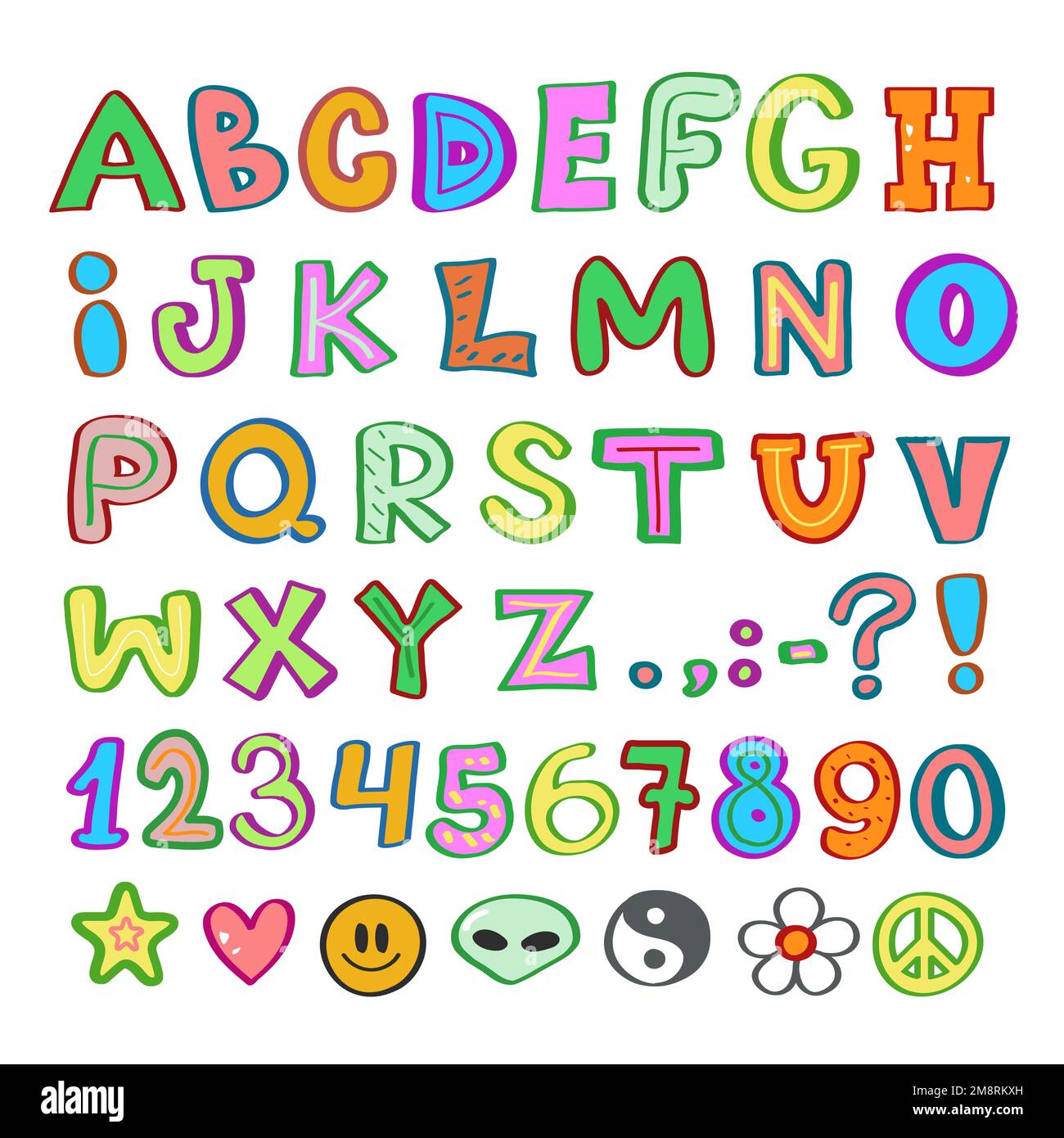 Childish hand drawn style font. Vector doodle illustration letters ...