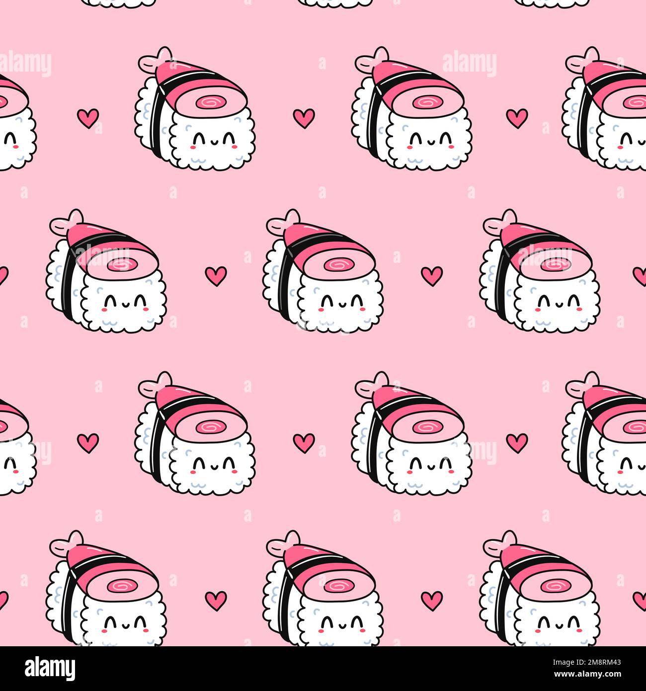 Cute funny asian japanese sushi character seamless pattern. Vector hand ...