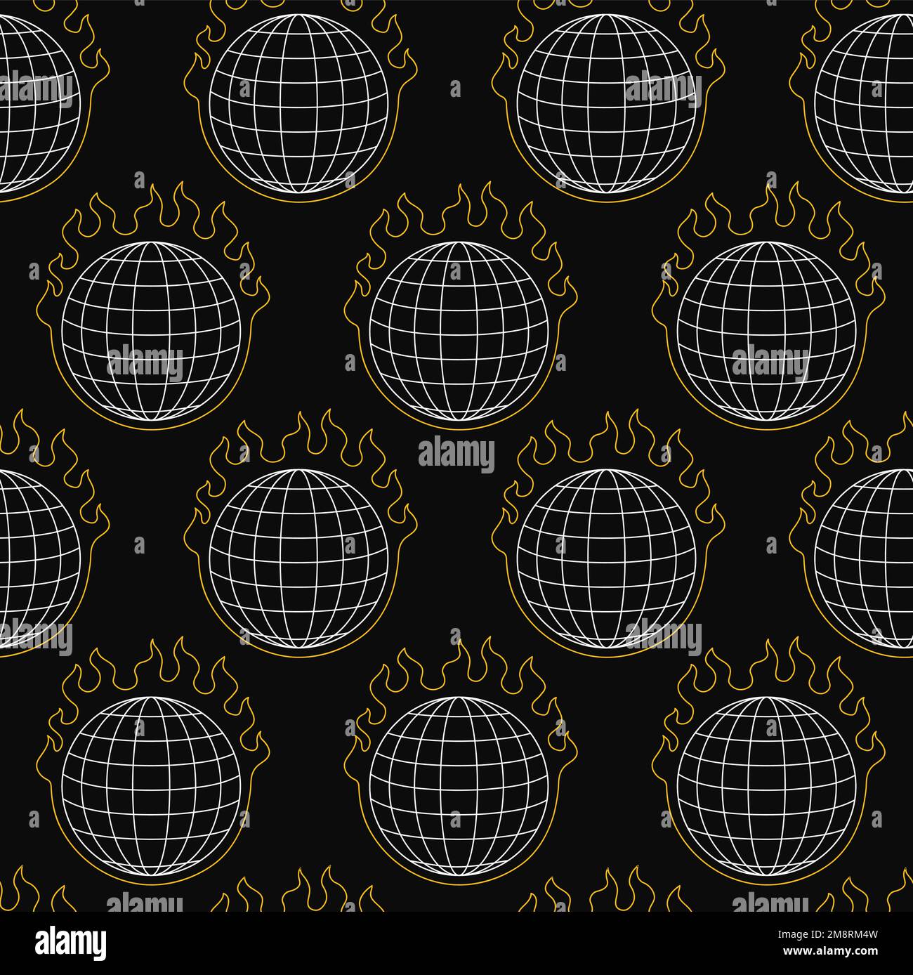 Globe earth sphere grid burn in fire seamless pattern. Vector hand ...