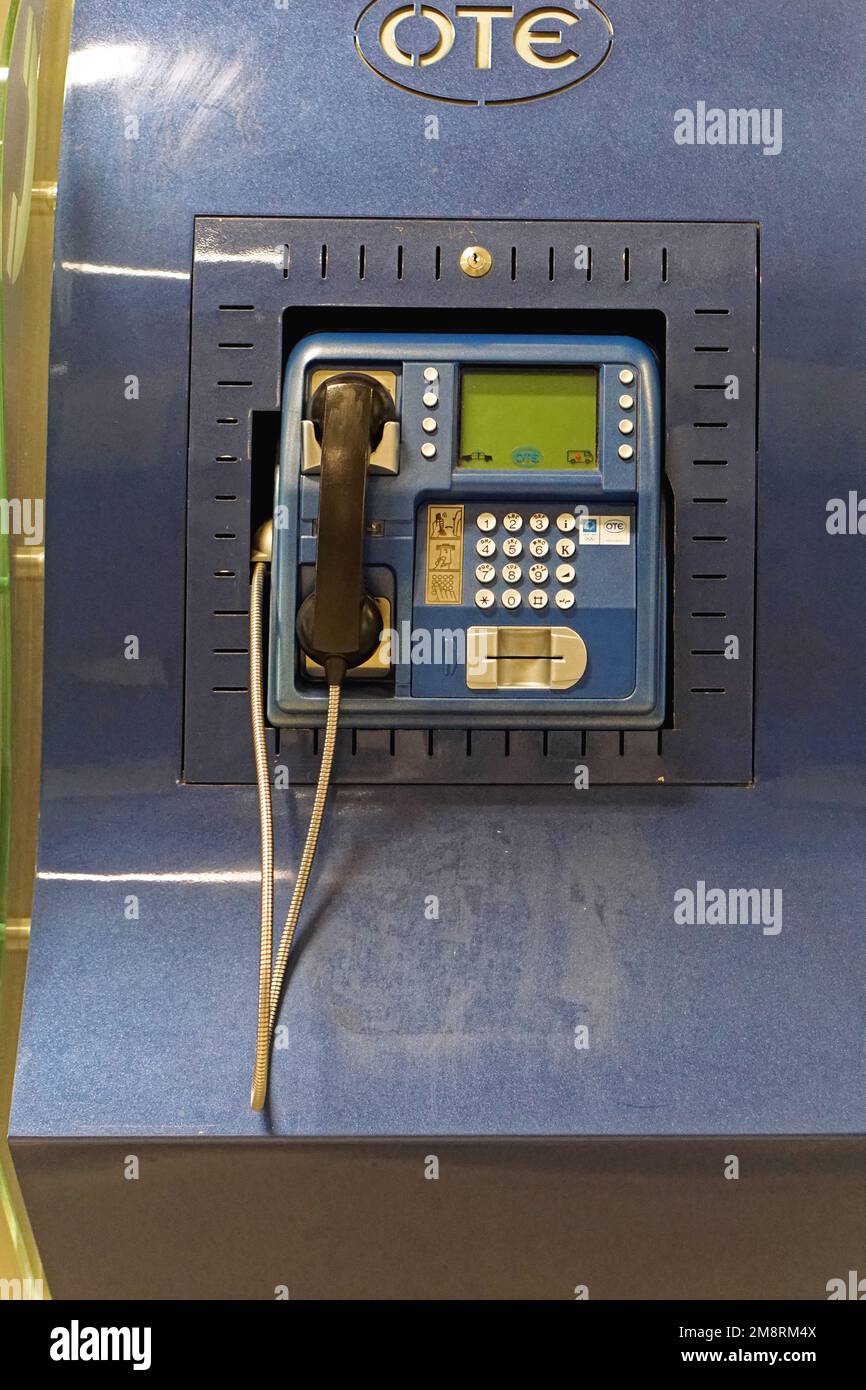 Athens, Greece - May 01, 2015: Blue public telephone Ote company with ...