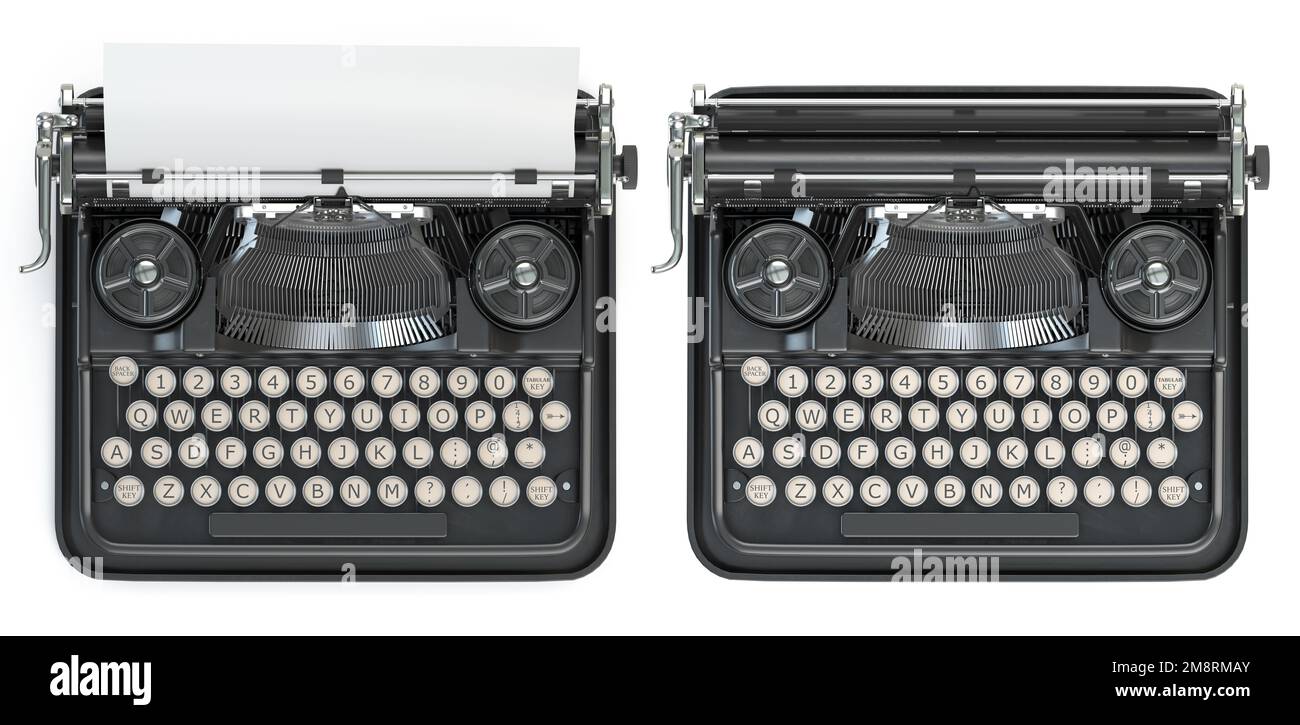 Vintage typewriter with blank sheet isolated on white. 3d illustration ...