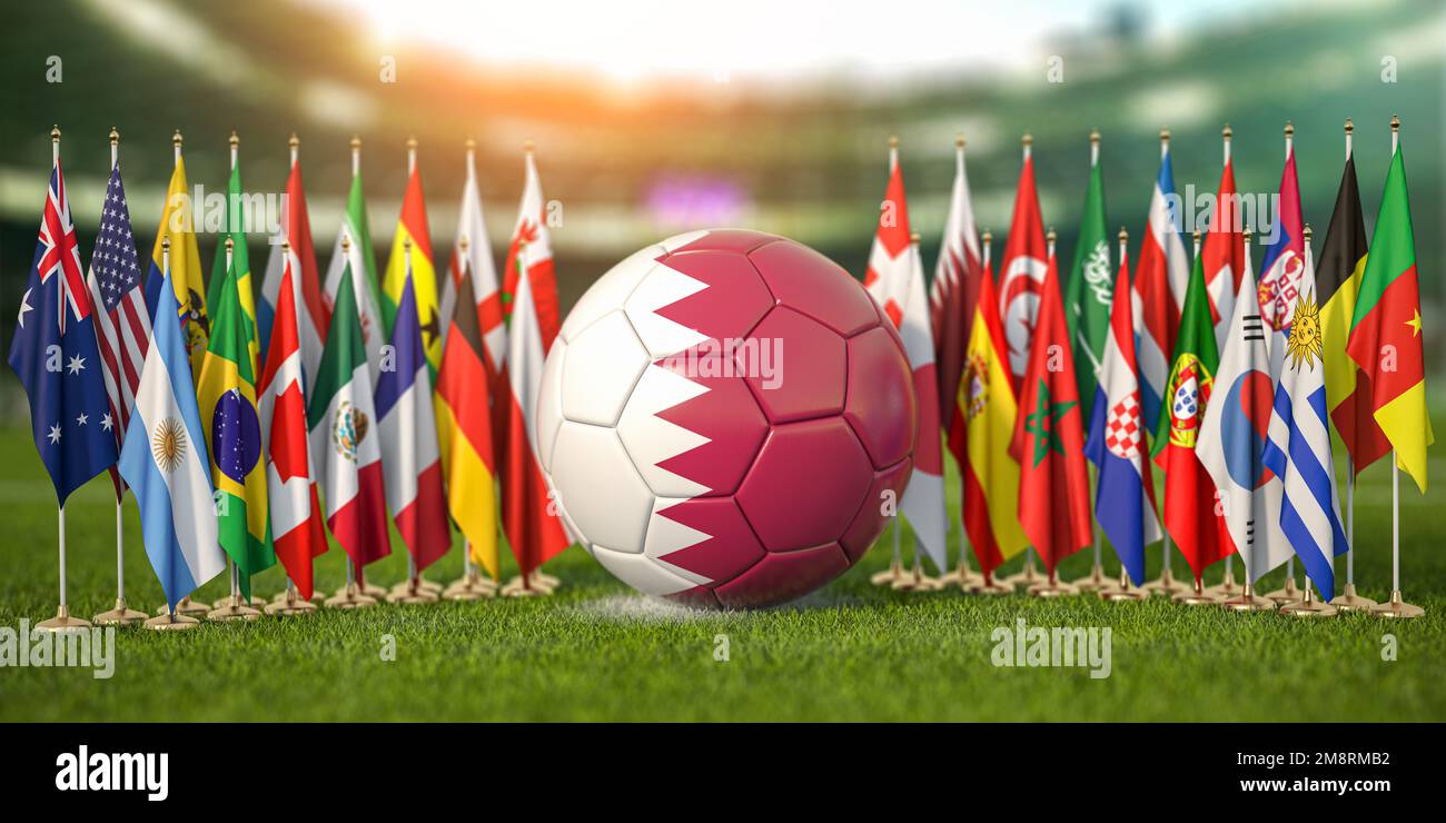 Soccer football ball with flags of world countries on the grass of ...