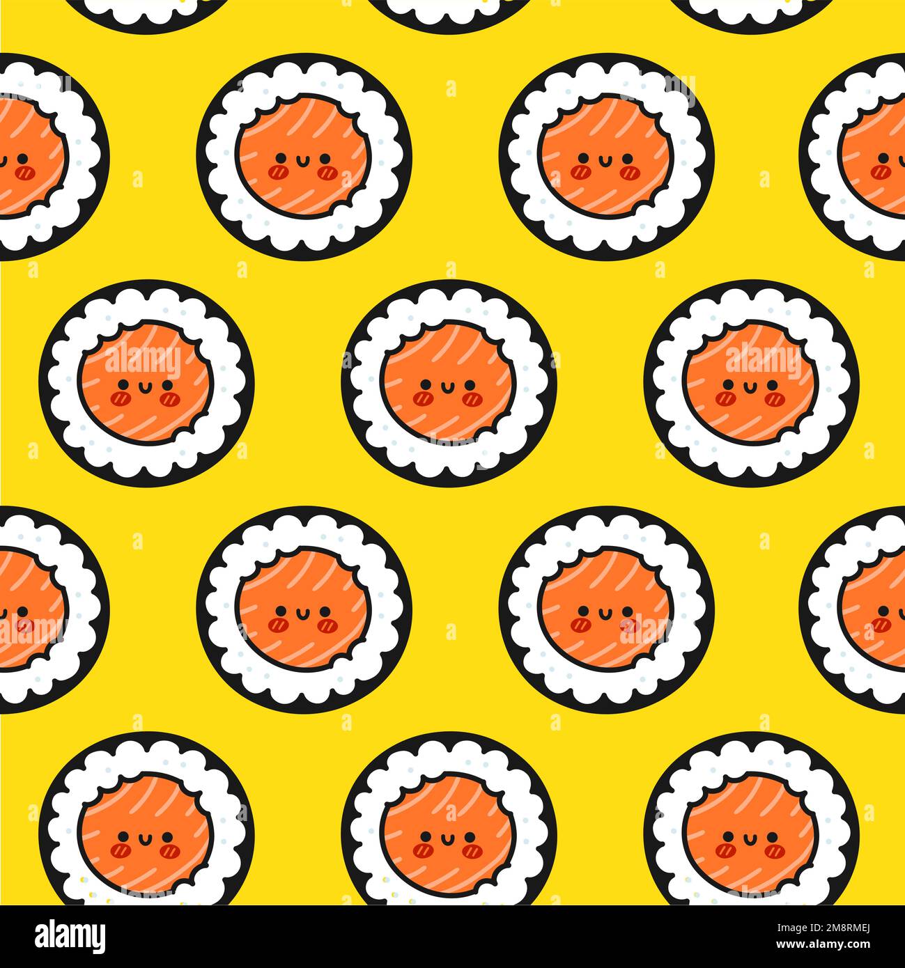Cute funny asian japanese sushi character seamless pattern. Vector hand ...