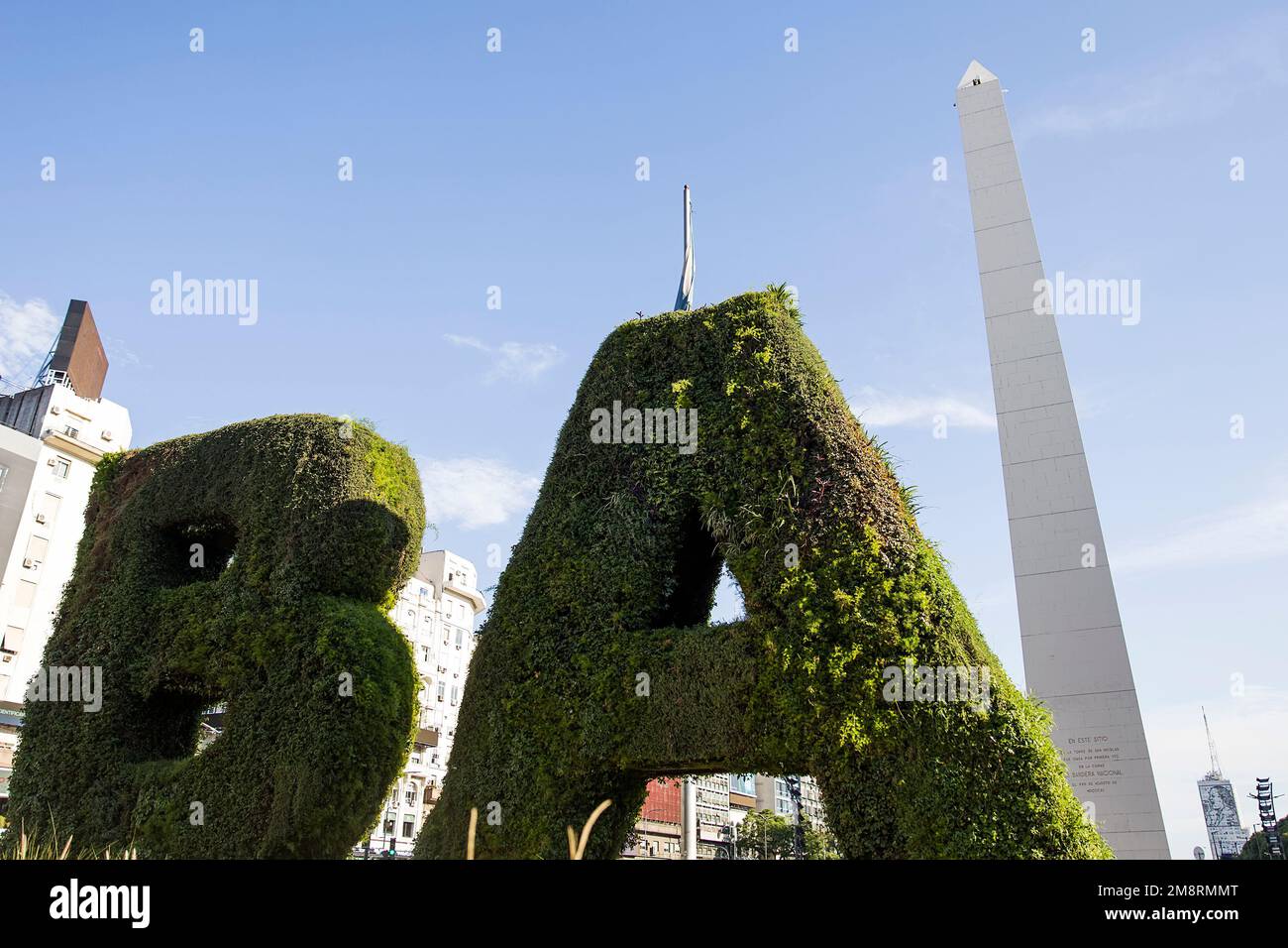 Letters B and A made with ligustrines in front of the Obelisk of Buenos ...