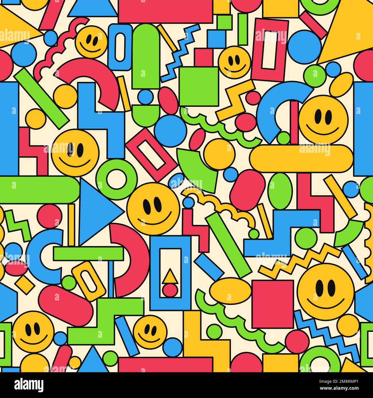 Funny Smile Face And Geometry Figure Seamless Pattern Wallpaper Vector