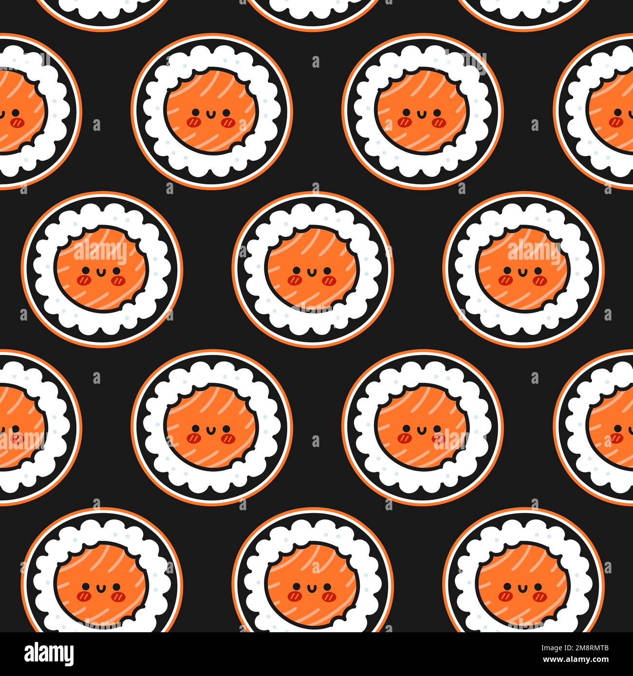 Cute funny asian japanese sushi character seamless pattern. Vector hand ...