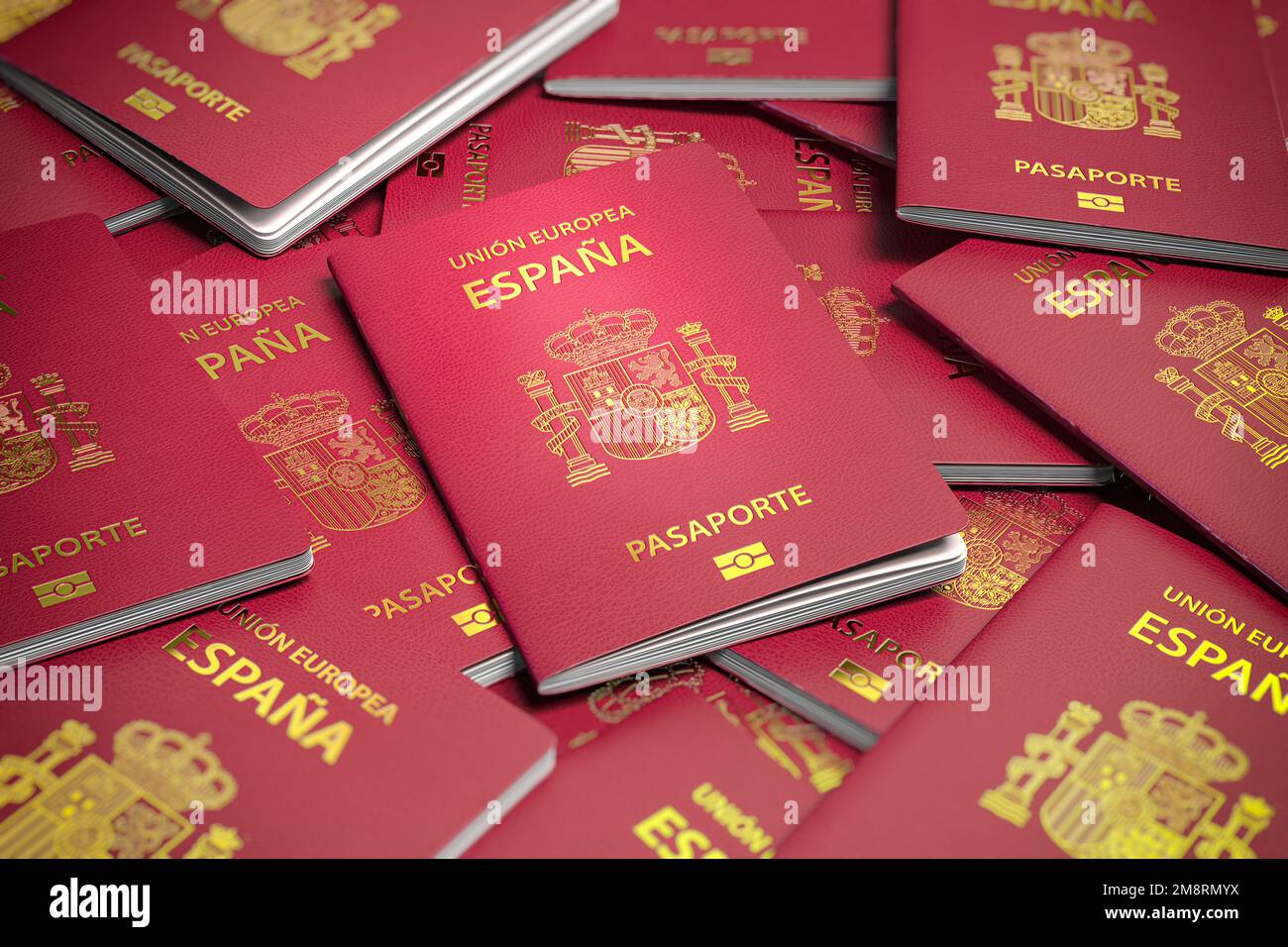 Heap of Spain passports. Immigration, citizenship, travel and tourism ...