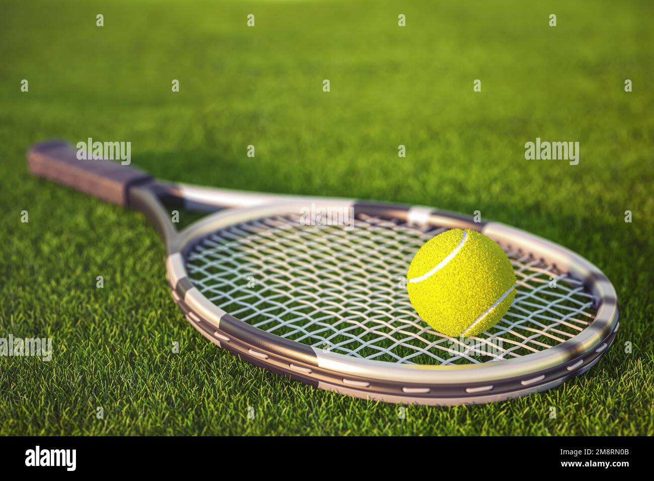 Tennis racket and tennis ball on a grass of tennis court. 3d ...
