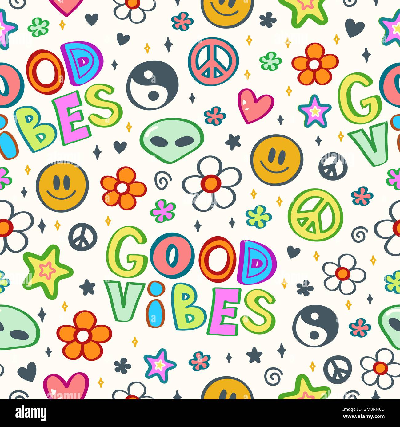 Good vibes hand drawn style seamless pattern. Vector doodle trendy ...