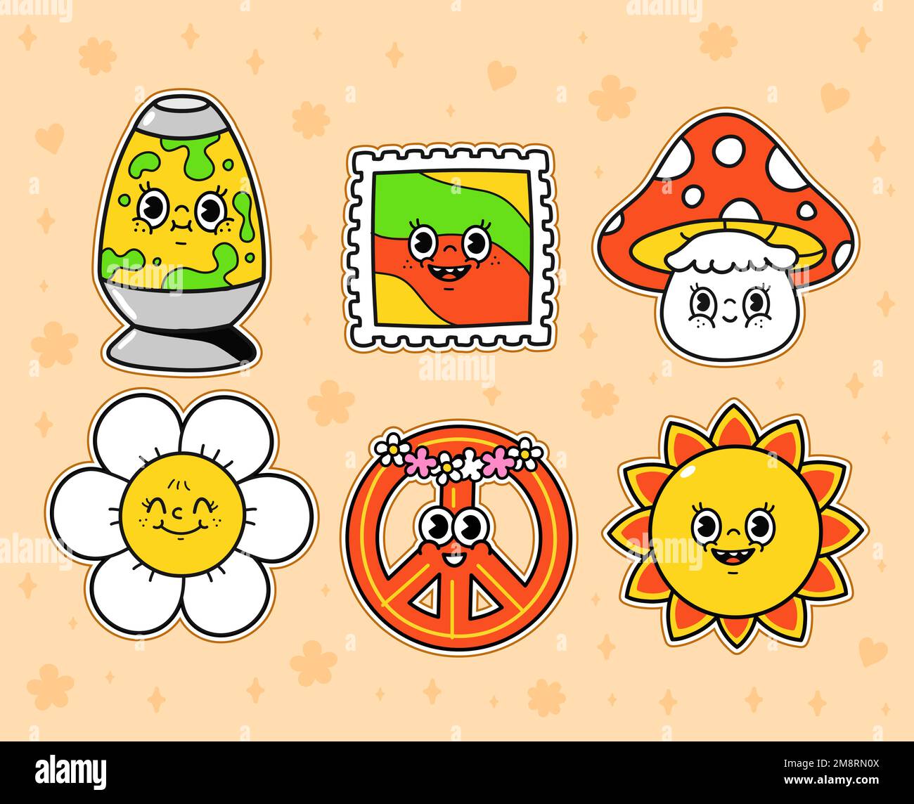 Funny hippie sticker set. Vector doodle line cartoon character ...