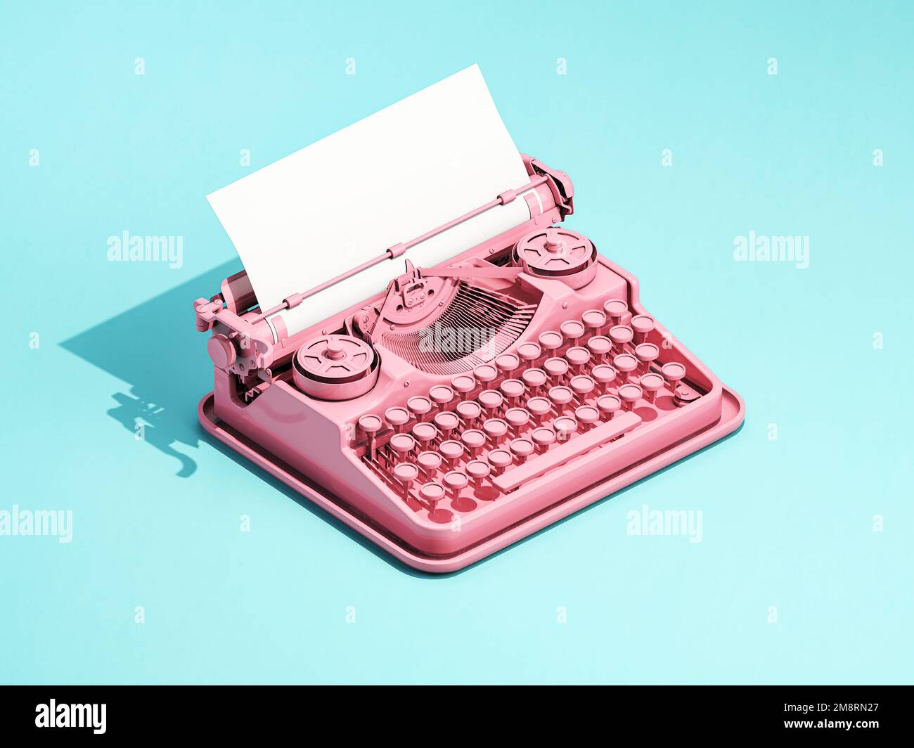 Vintage pink typewriter on blue background with space for text. 3d ...