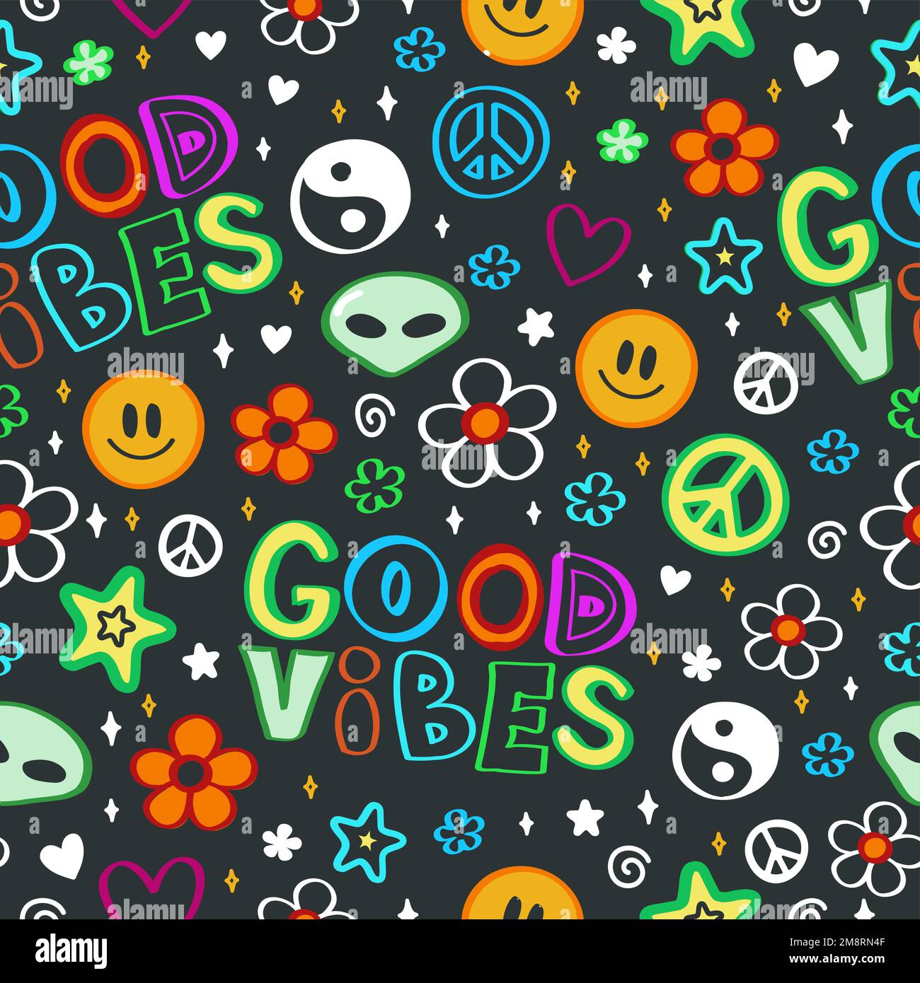 Good vibes hand drawn style seamless pattern. Vector doodle trendy ...