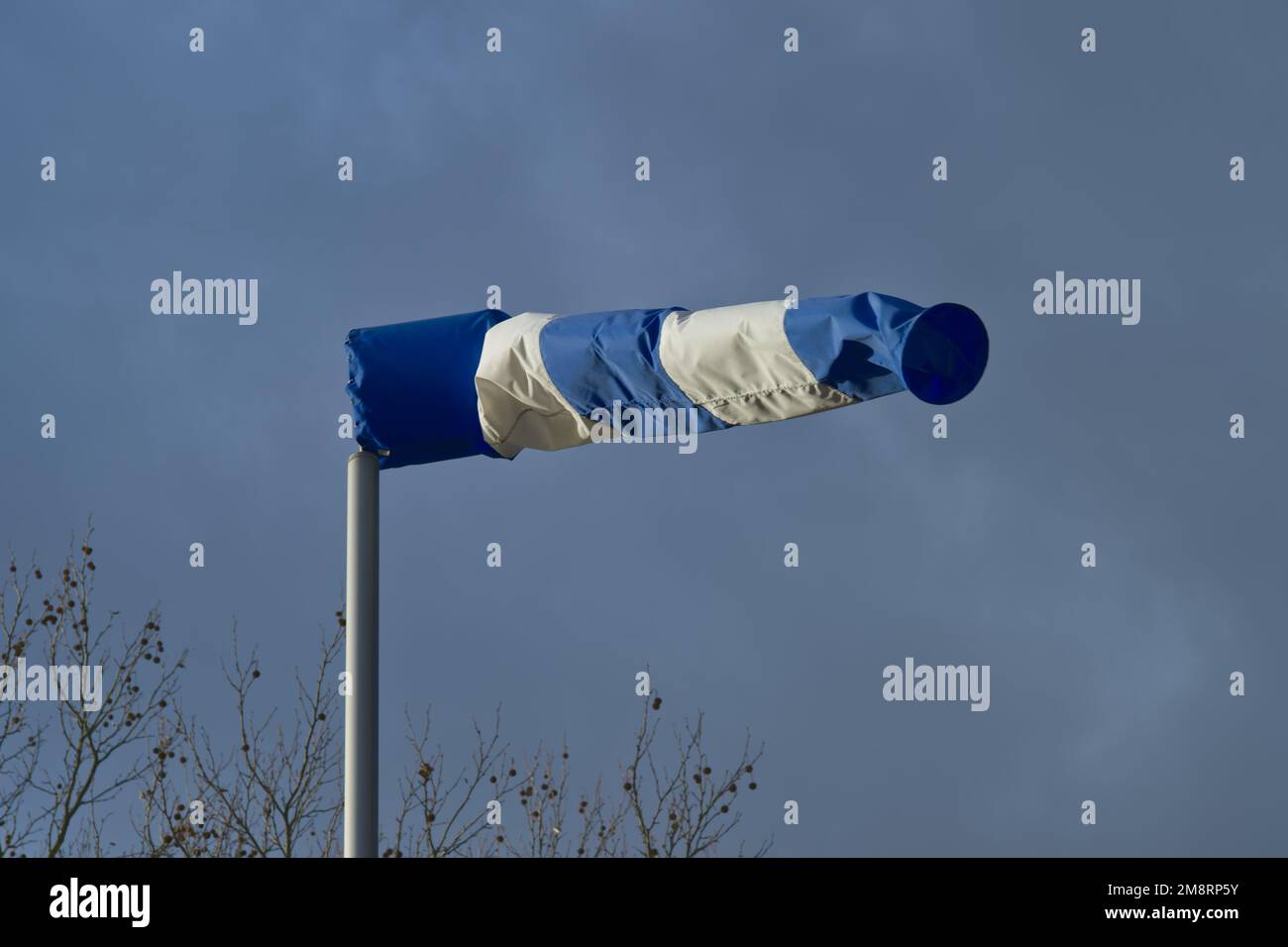 single windsock in blue and white stripes in rectangular orientation ...