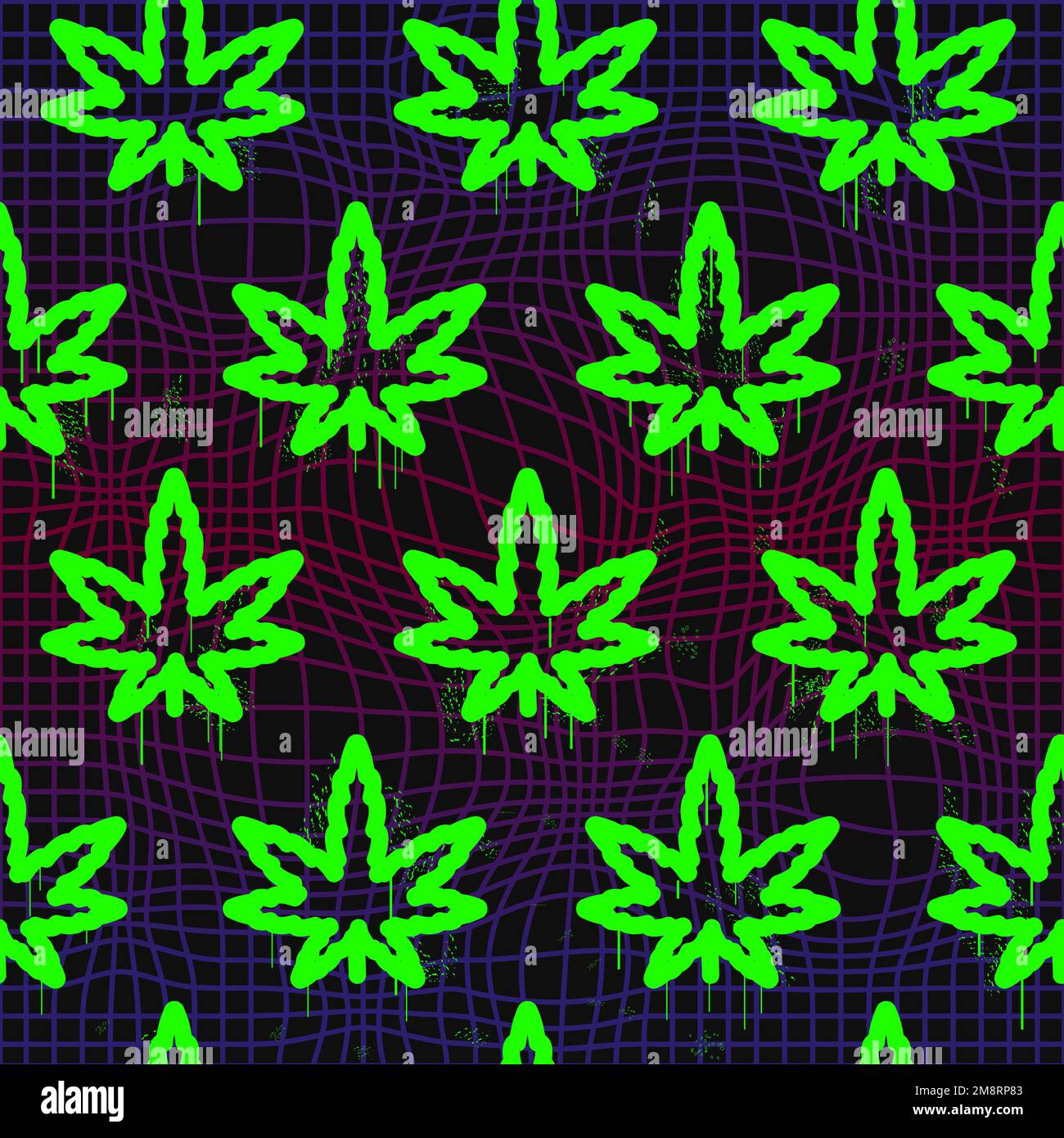 Weed leaf and warp grid seamless pattern. Vector wallpaper illustration. Vector illustration ...