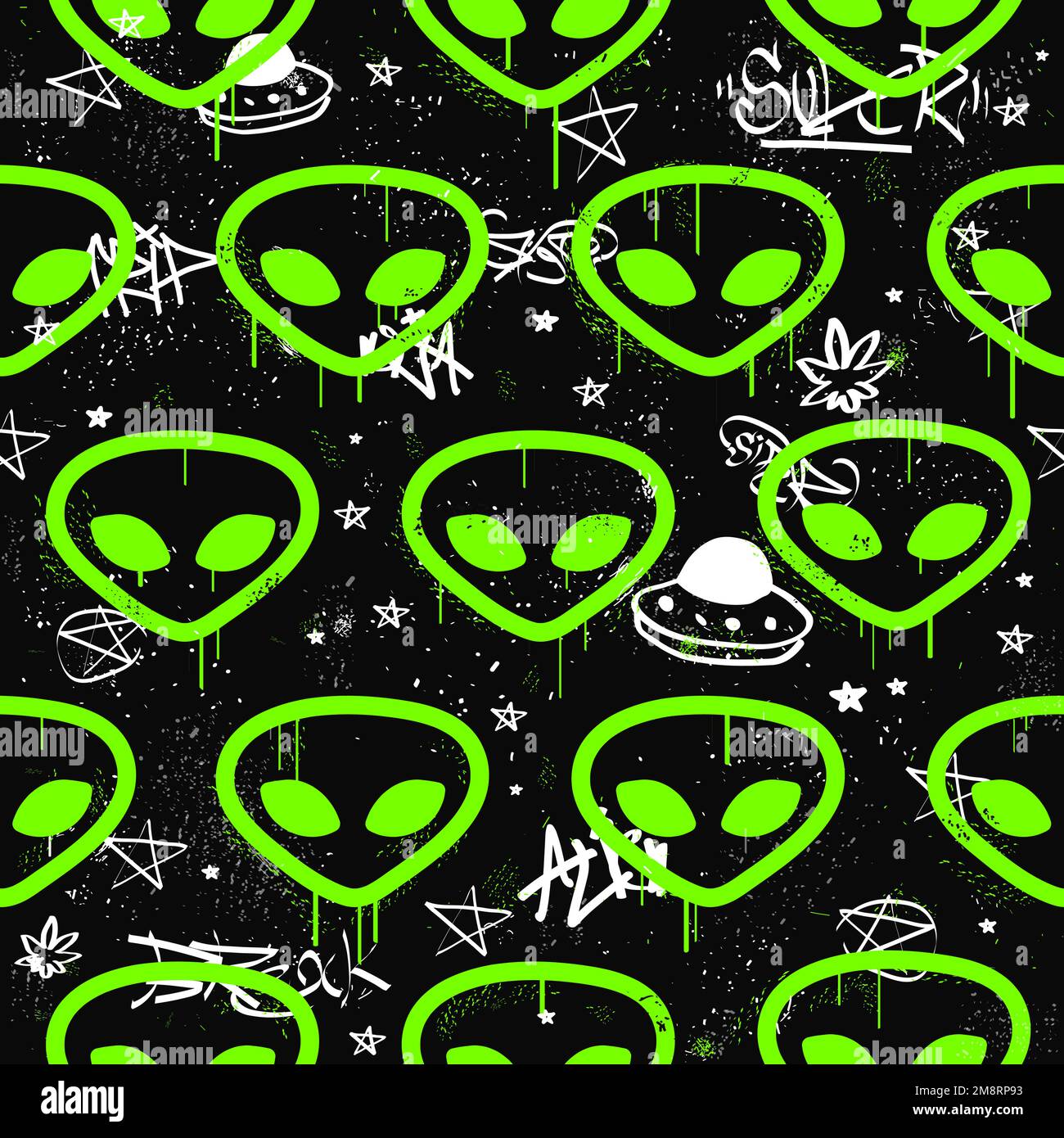 Alien neon head seamless pattern.Vector hand drawn doodle line cartoon ...
