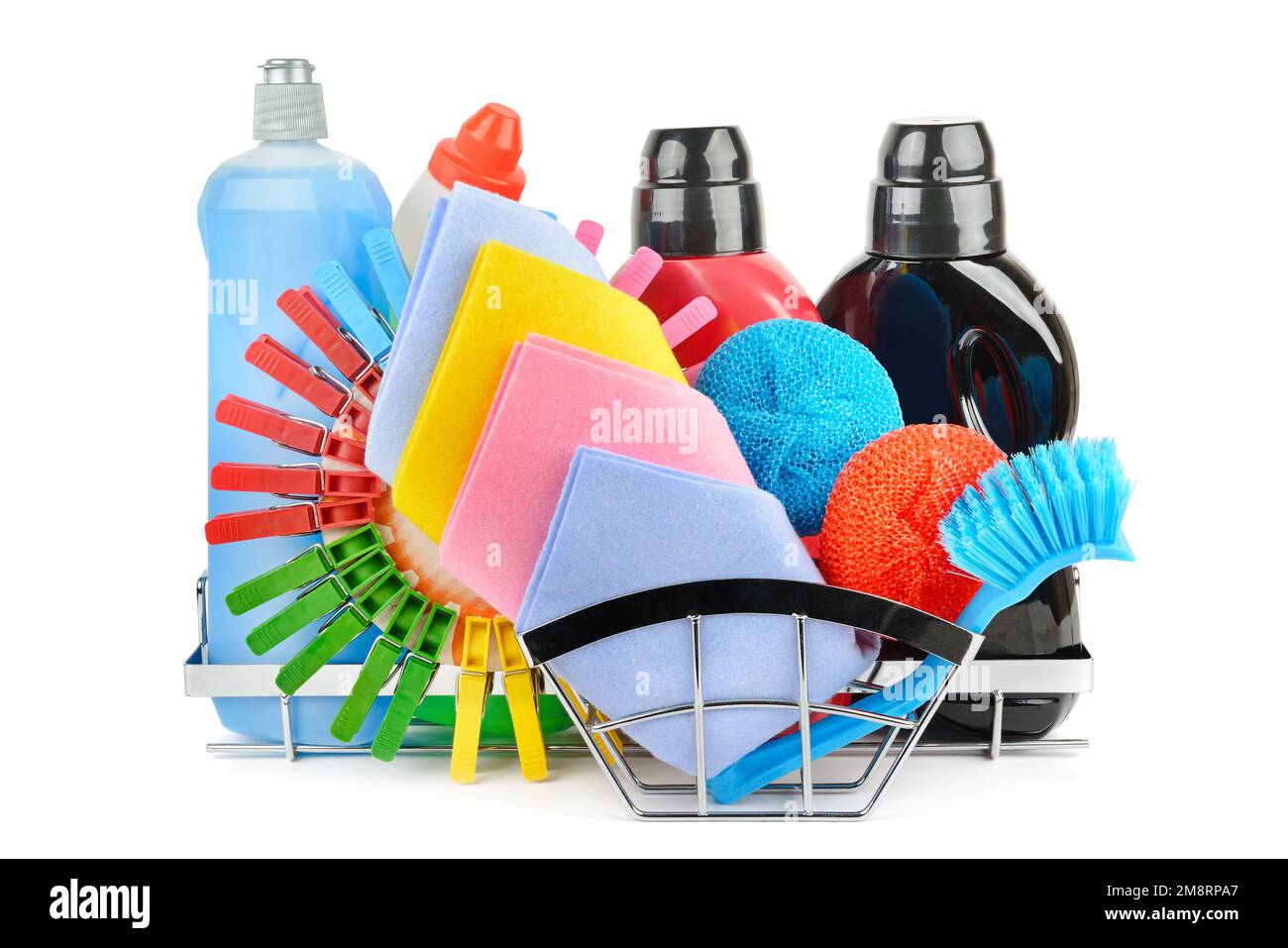 Set of household chemicals and brushes for cleaning isolated on white ...