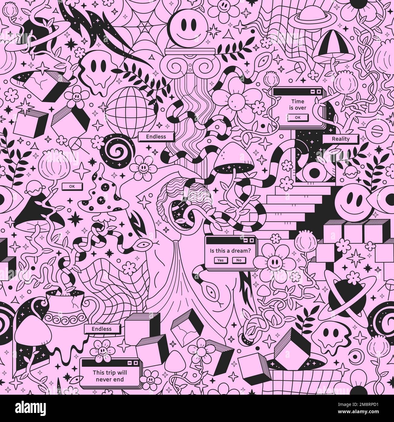 Trippy psychedelic seamless pattern.Vector crazy doodle character illustration.Smile groovy ...
