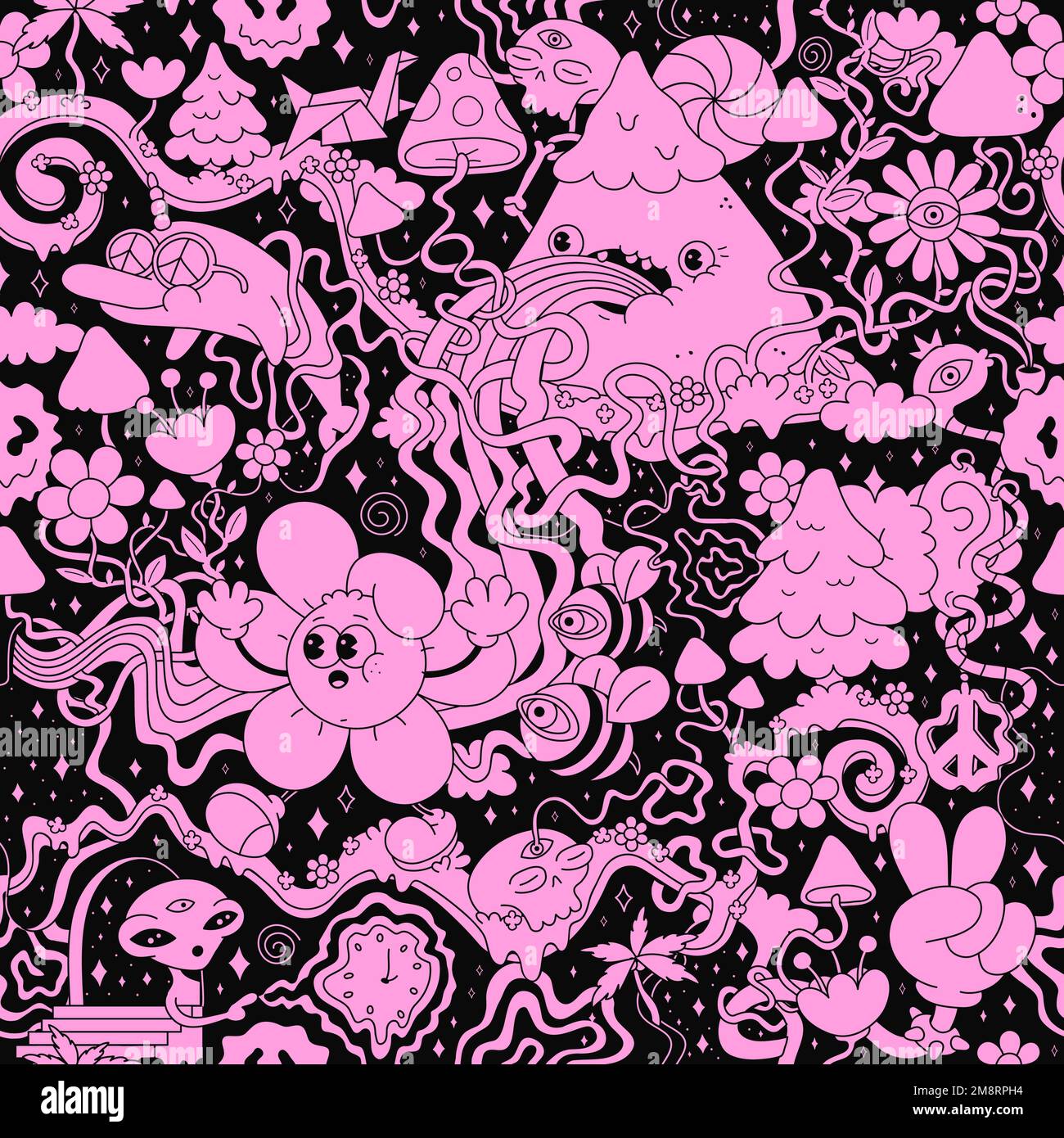 Psychedelic trippy seamless pattern art.Mushroom,magic wizard smoking ...