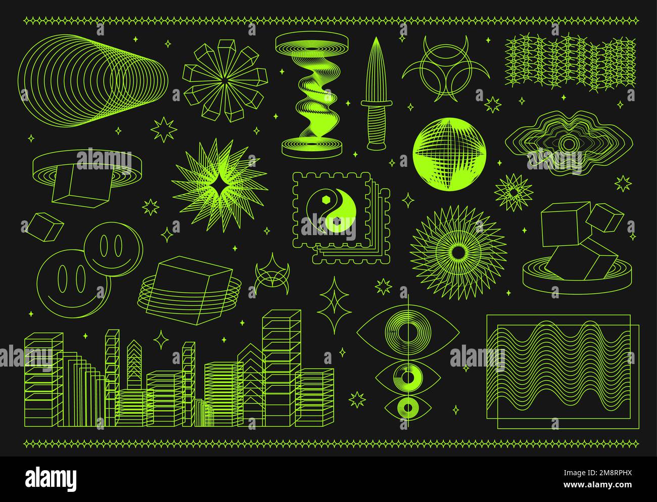 Psychedelic trippy set. Vector modern neon line style cartoon character ...
