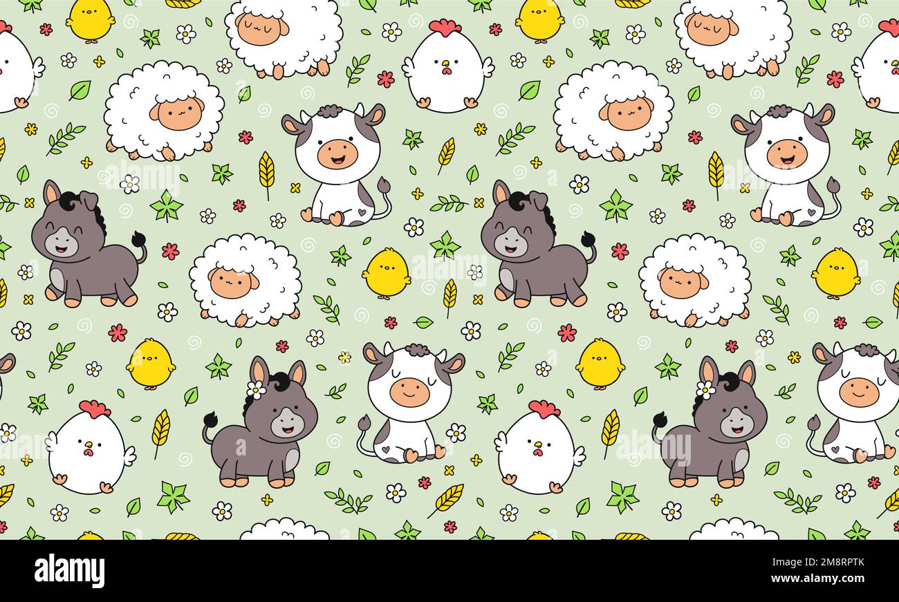 Cute funny farm animals seamless pattern,wallpaper,background.Vector ...