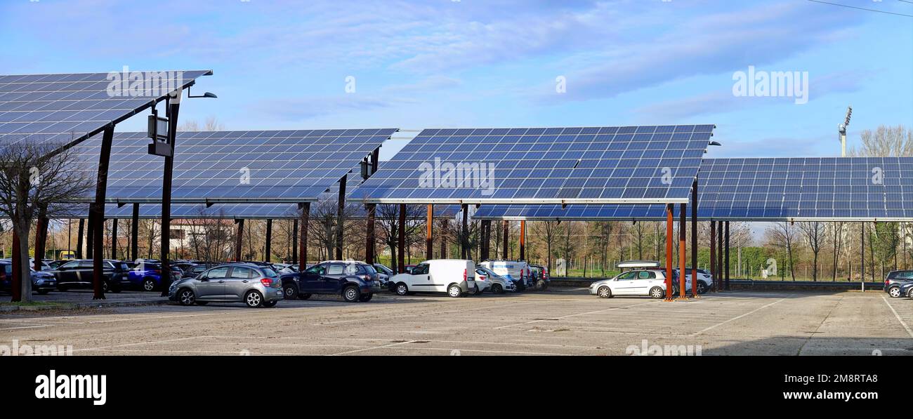 Solar panels installed in parking lot. Padua, Italy - January 2023 ...