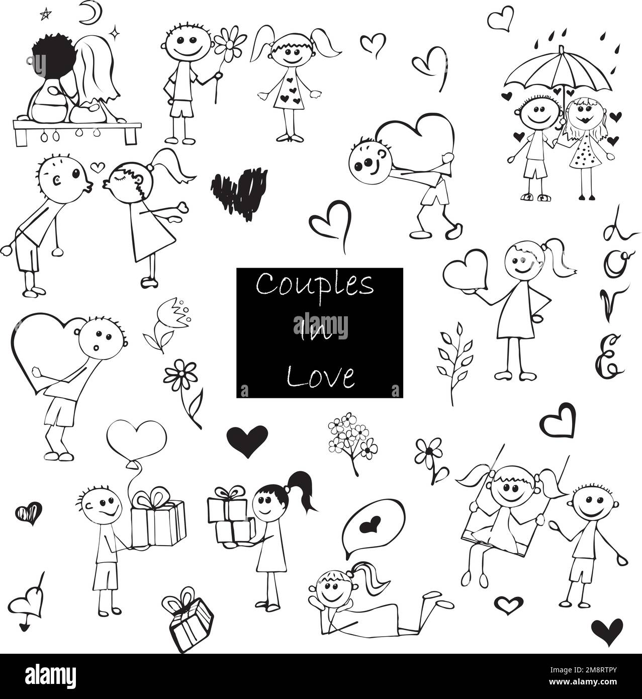 Love Couple Set in Black and White Colors. Vector Illustration Stock ...