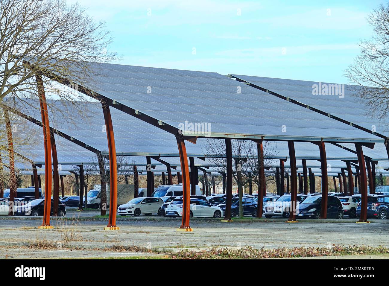 Solar panels installed in parking lot. Padua, Italy - January 2023 ...