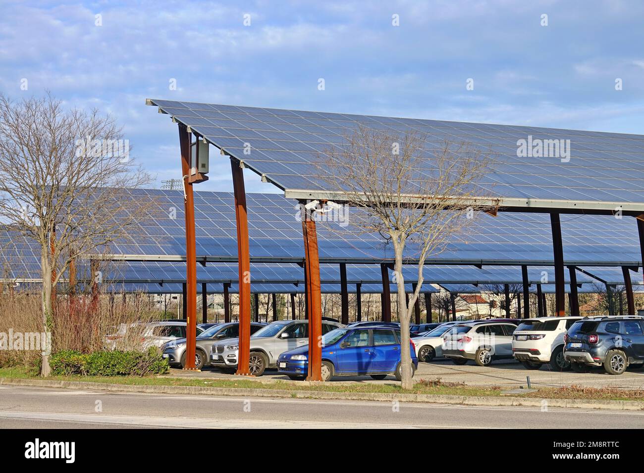 Solar panels installed in parking lot. Padua, Italy - January 2023 ...
