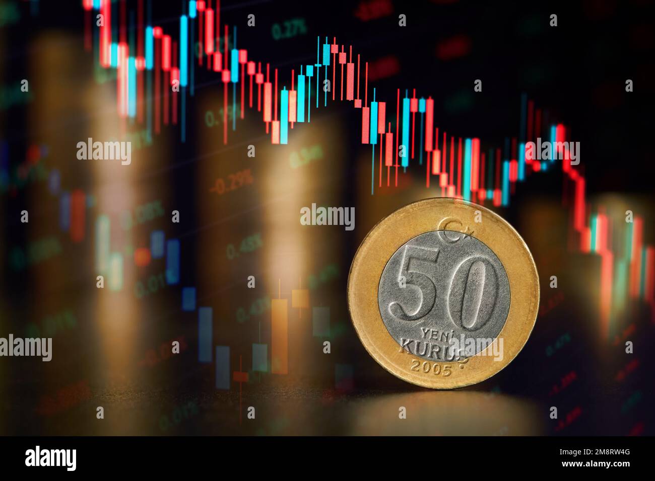 Turkish Lira coin on the background of stacks of coins and Falling ...