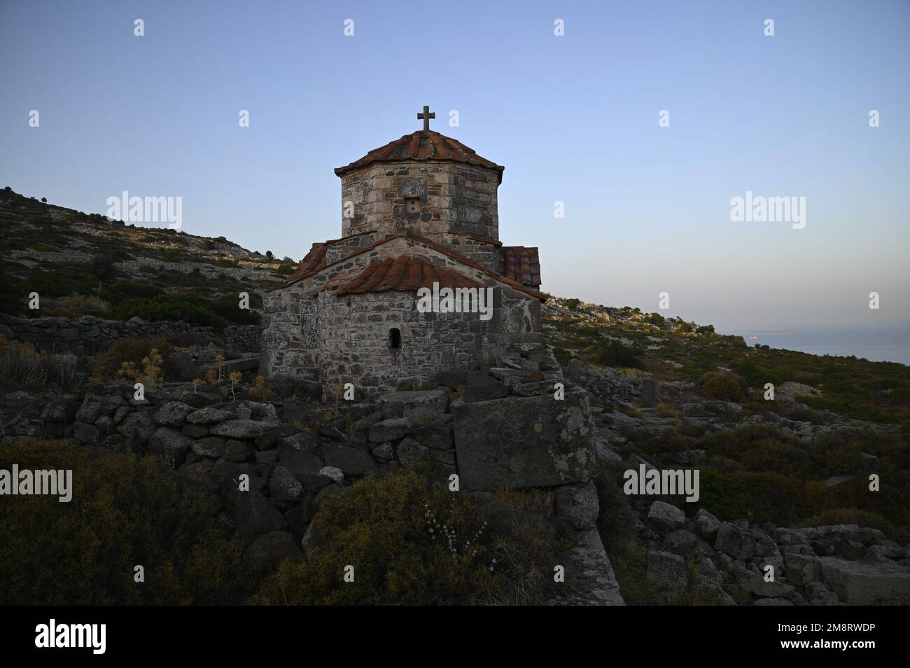 Scenic view of the Byzantine church of Taxiarches at the archaeological ...